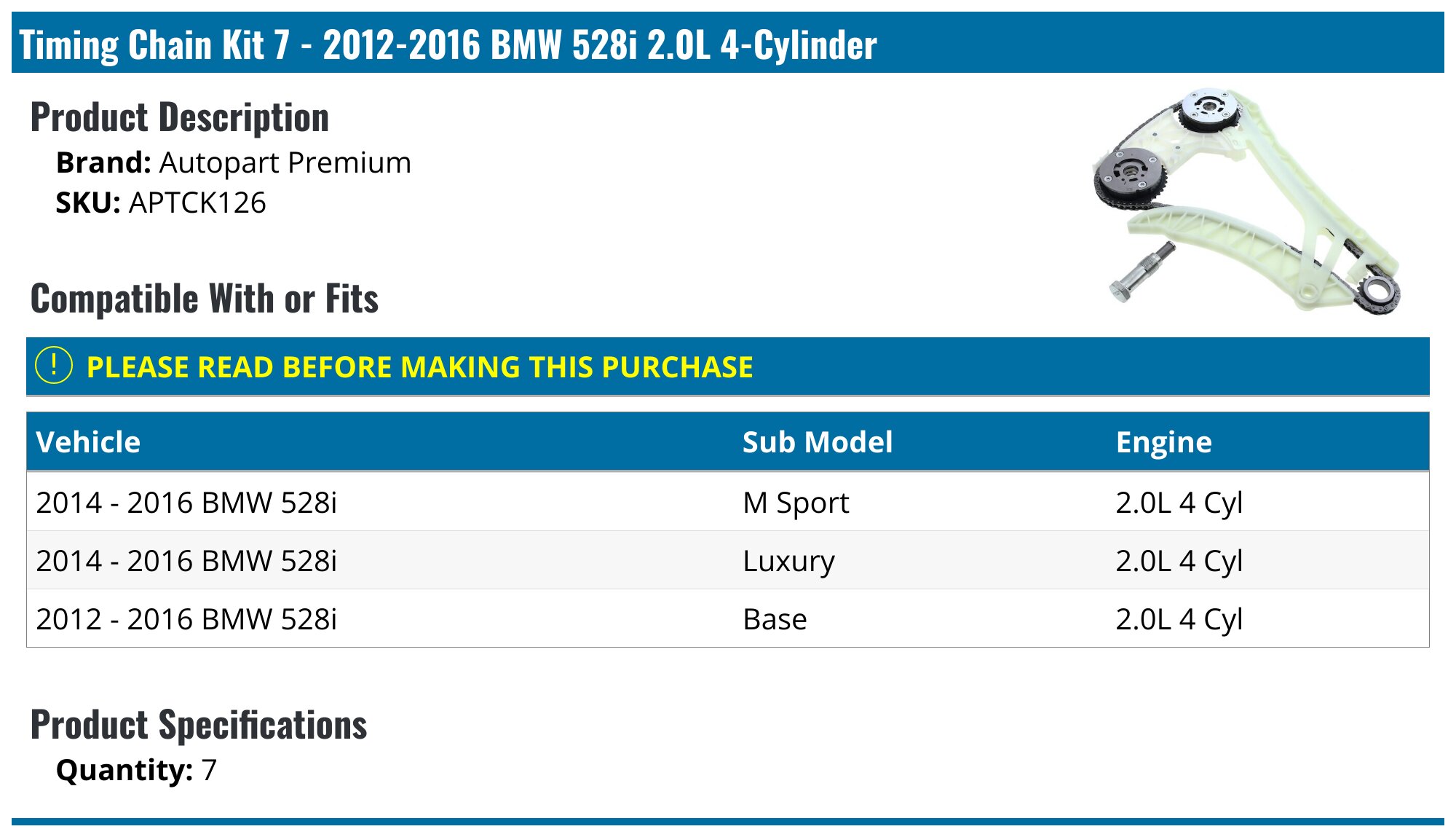 2012-2016 BMW 528i Timing Chain - Autopart Premium APTCK126 - PartsGeek.com