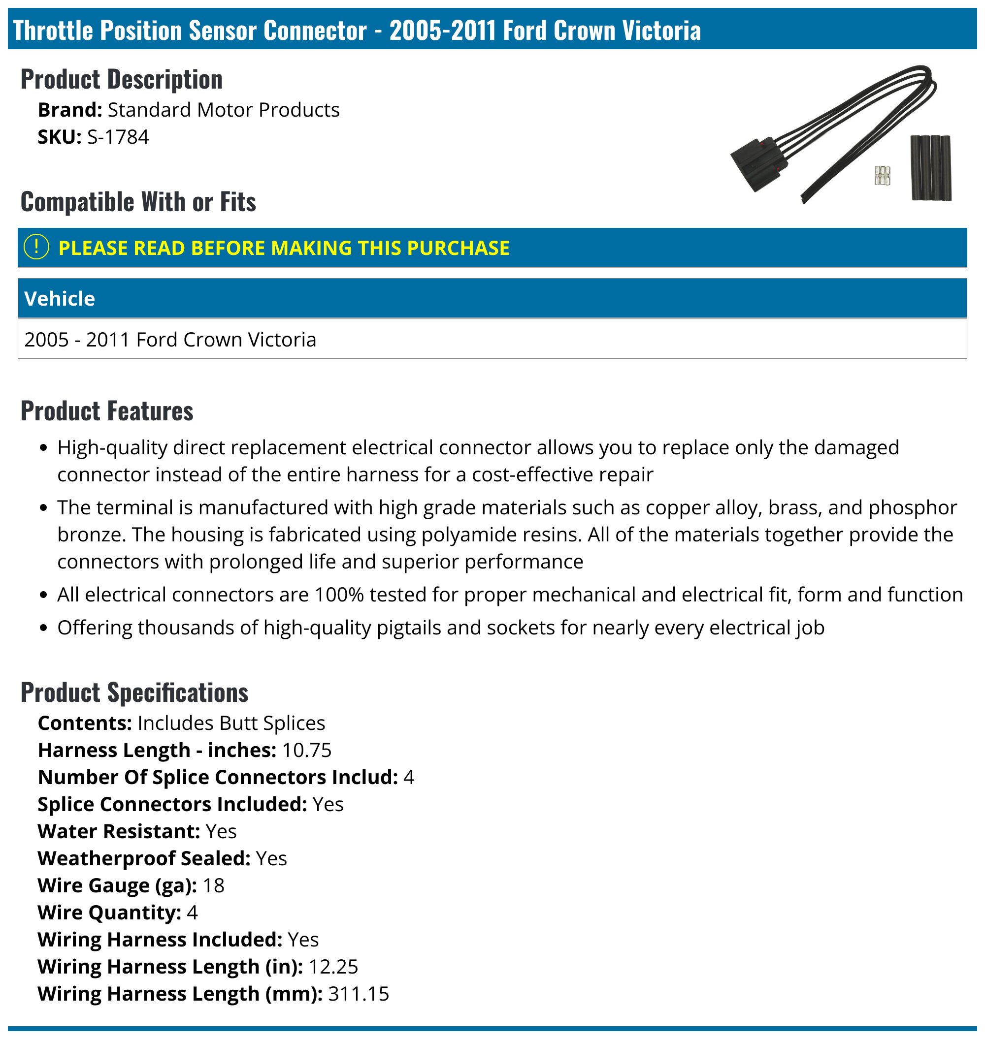 2005-2011 Ford Crown Victoria Throttle Position Sensor Connector ...