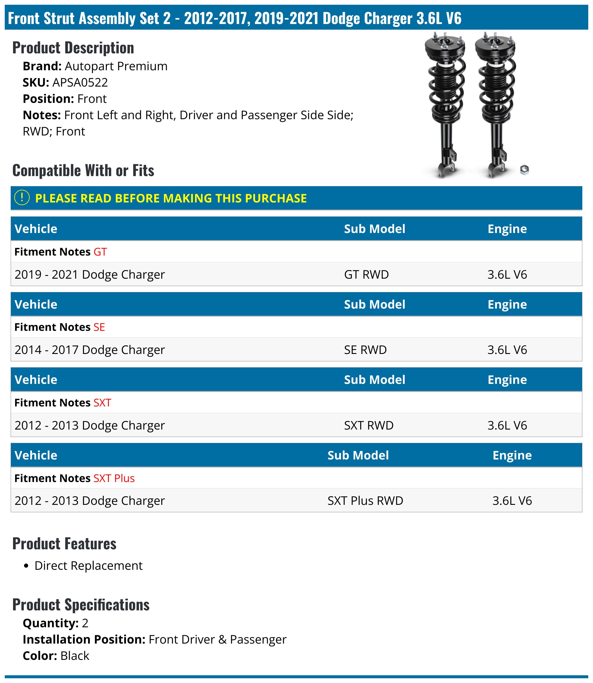 2012-2017, 2019-2021 Dodge Charger Strut Assembly - Autopart Premium ...
