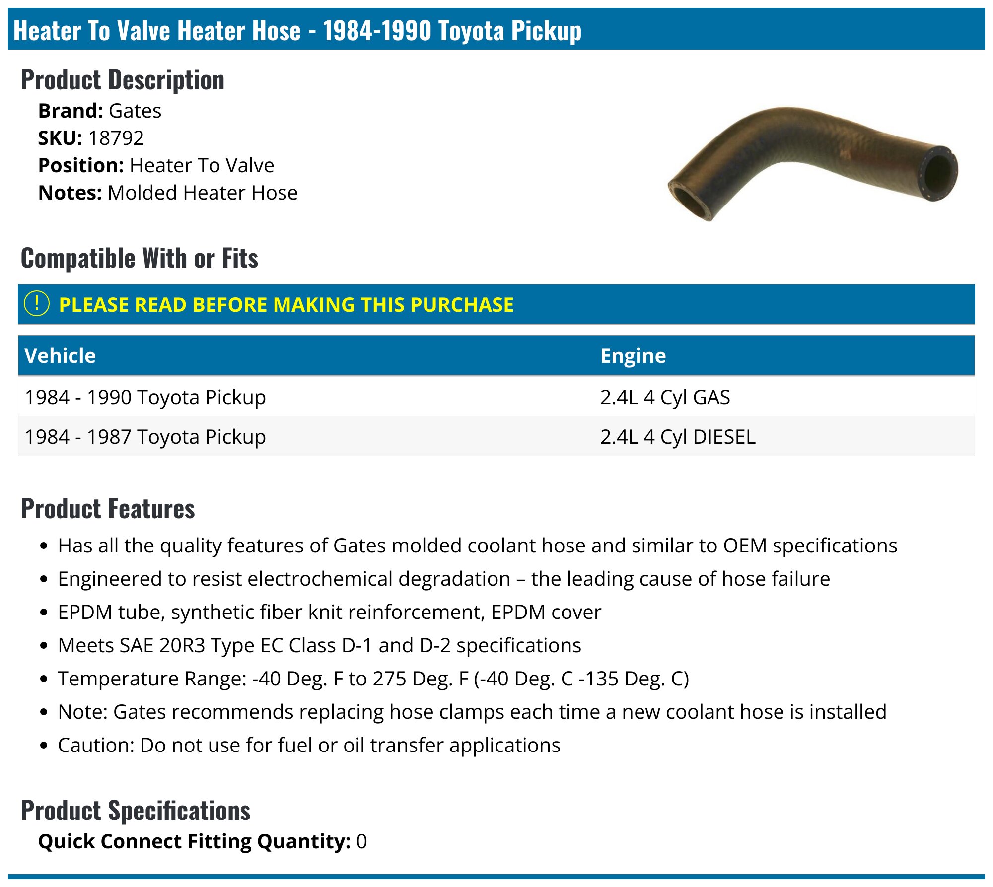 1984-1990 Toyota Pickup Heater Hose - Gates 18792 - Heater To Valve ...
