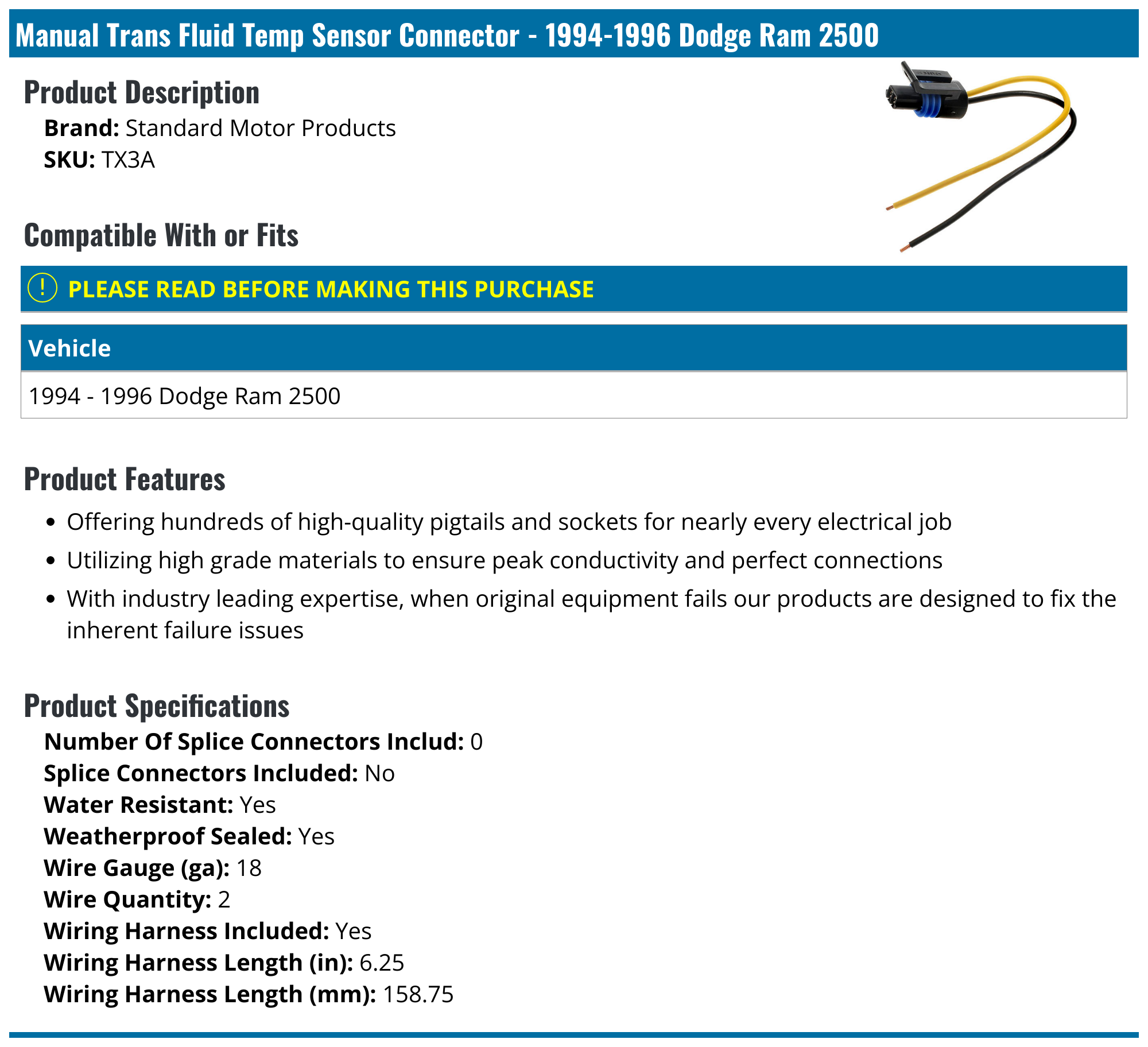 1994-1996 Dodge Ram 2500 Manual Trans Fluid Temp Sensor Connector ...