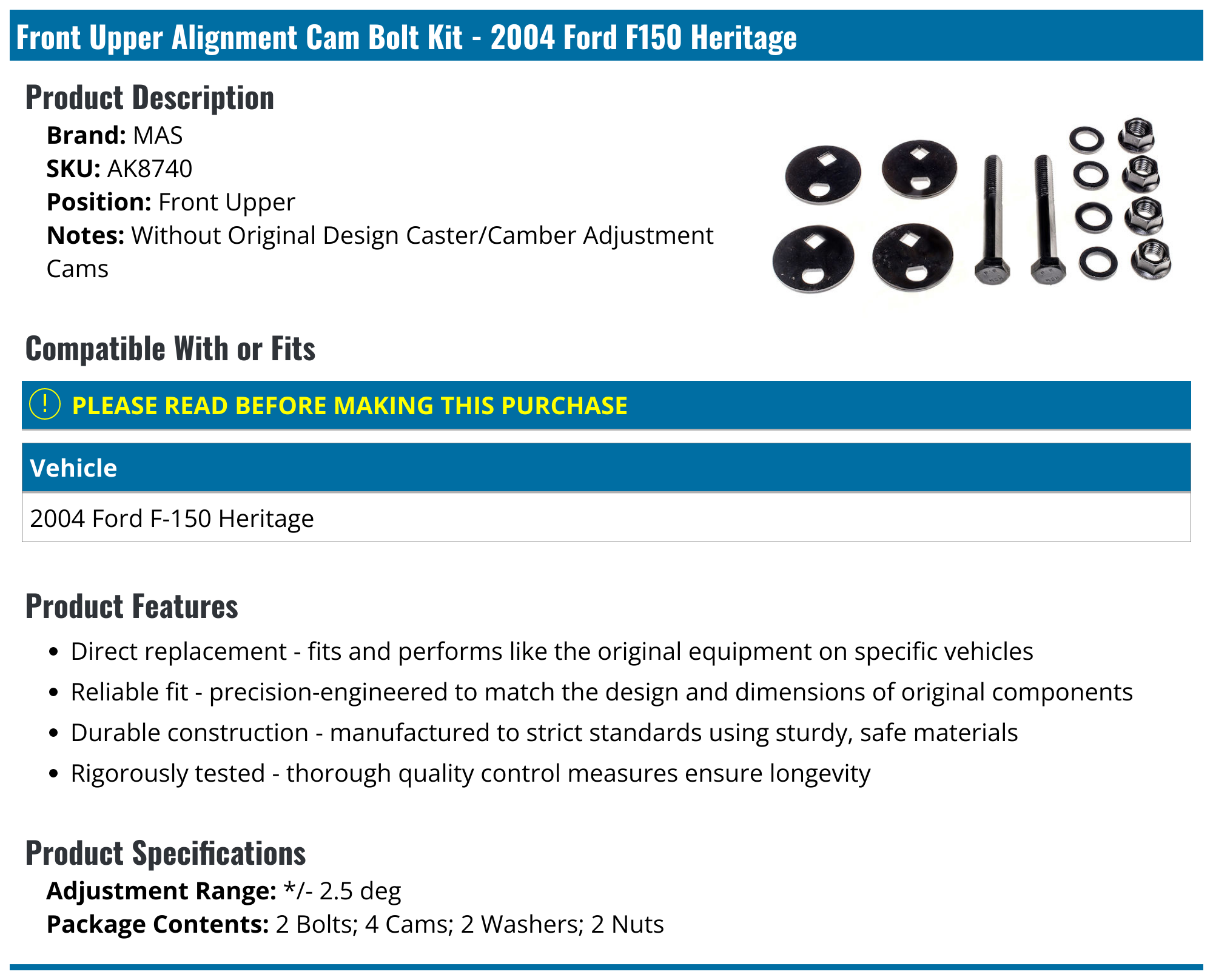 2004 Ford F150 Heritage Alignment Cam Bolt Kit - MAS AK8740 - Front ...
