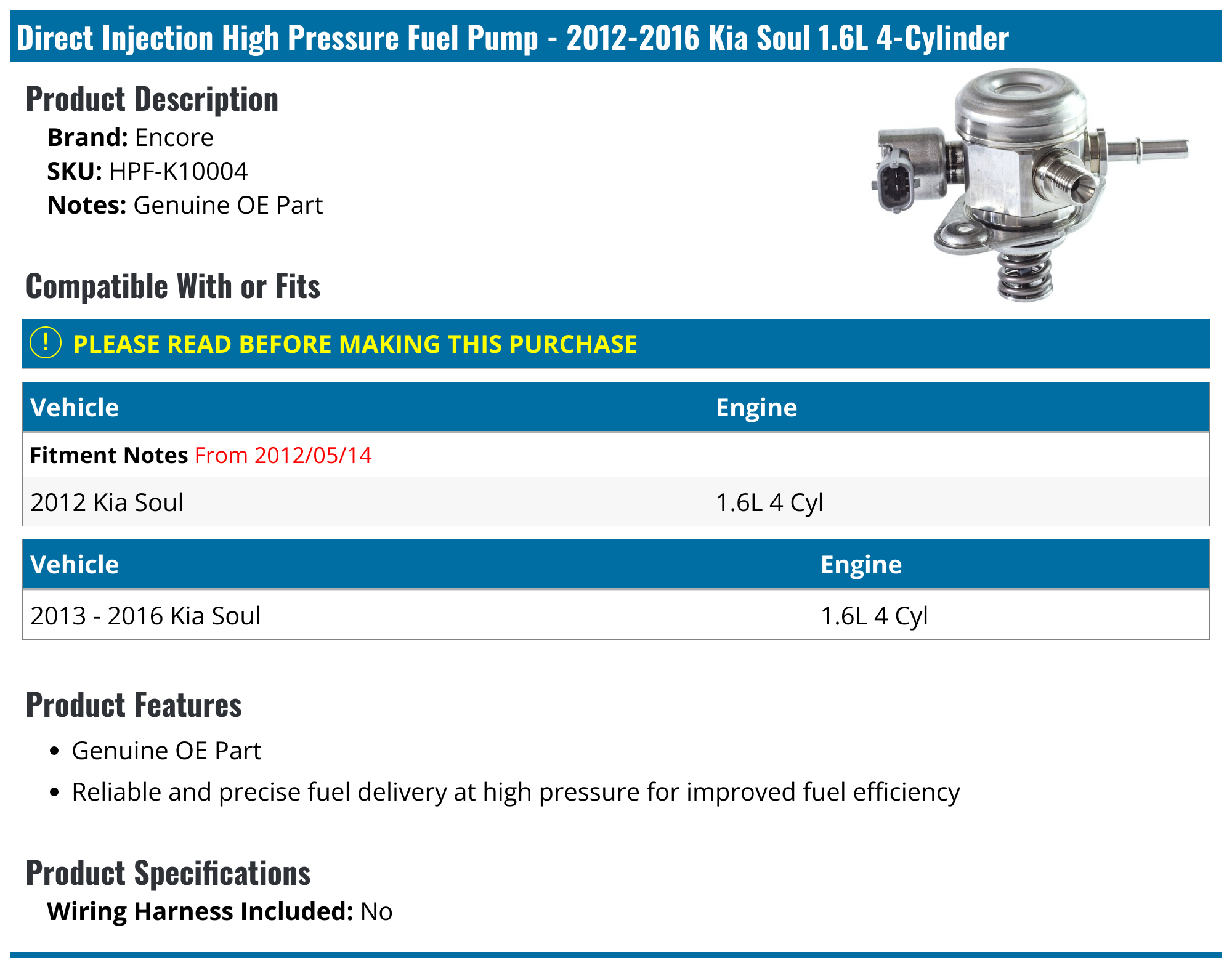 2012-2016 Kia Soul Fuel Pump - Encore HPF-K10004 - PartsGeek.com