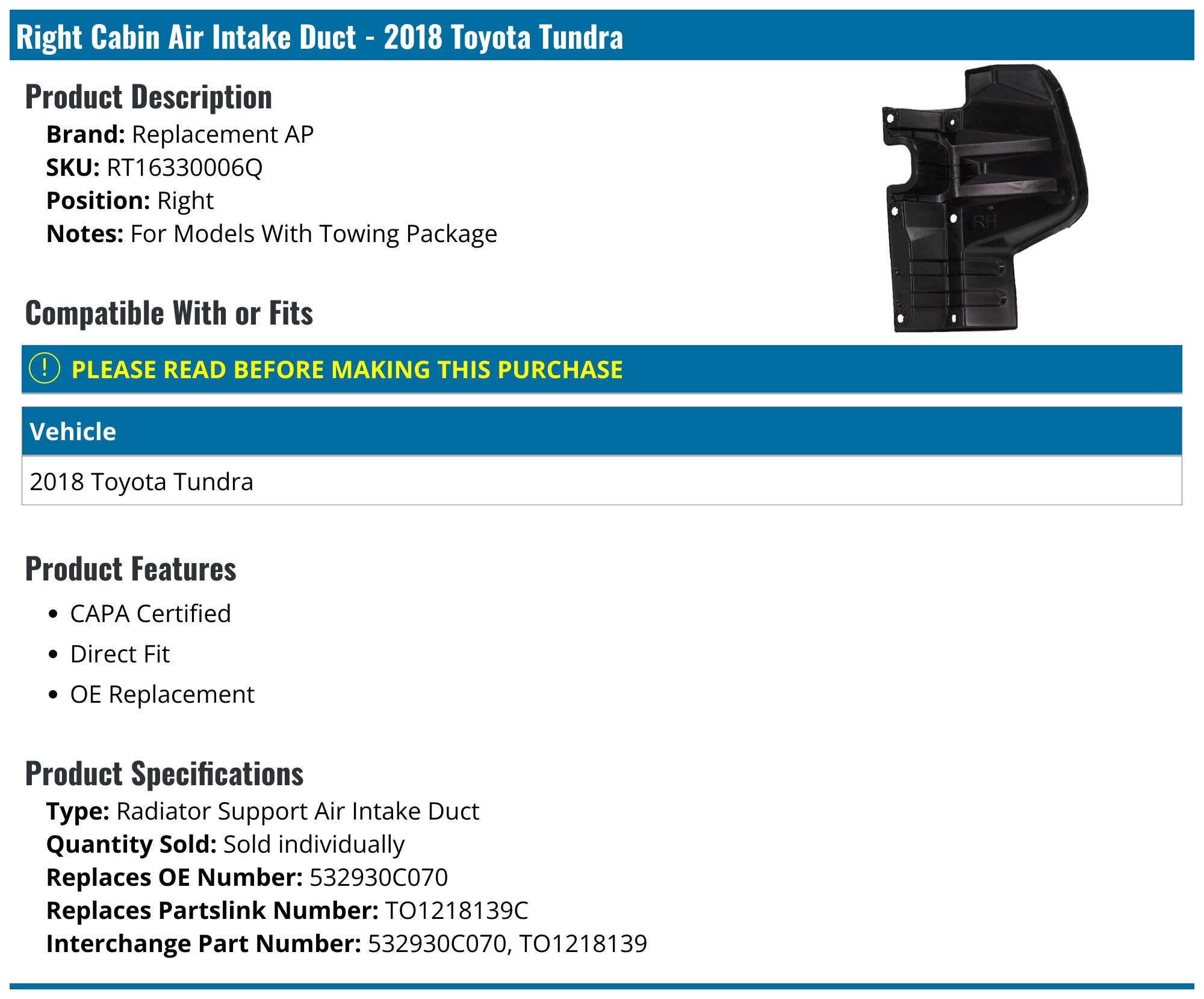 2018 Toyota Tundra Cabin Air Intake Duct - Replacement AP RT16330006Q ...