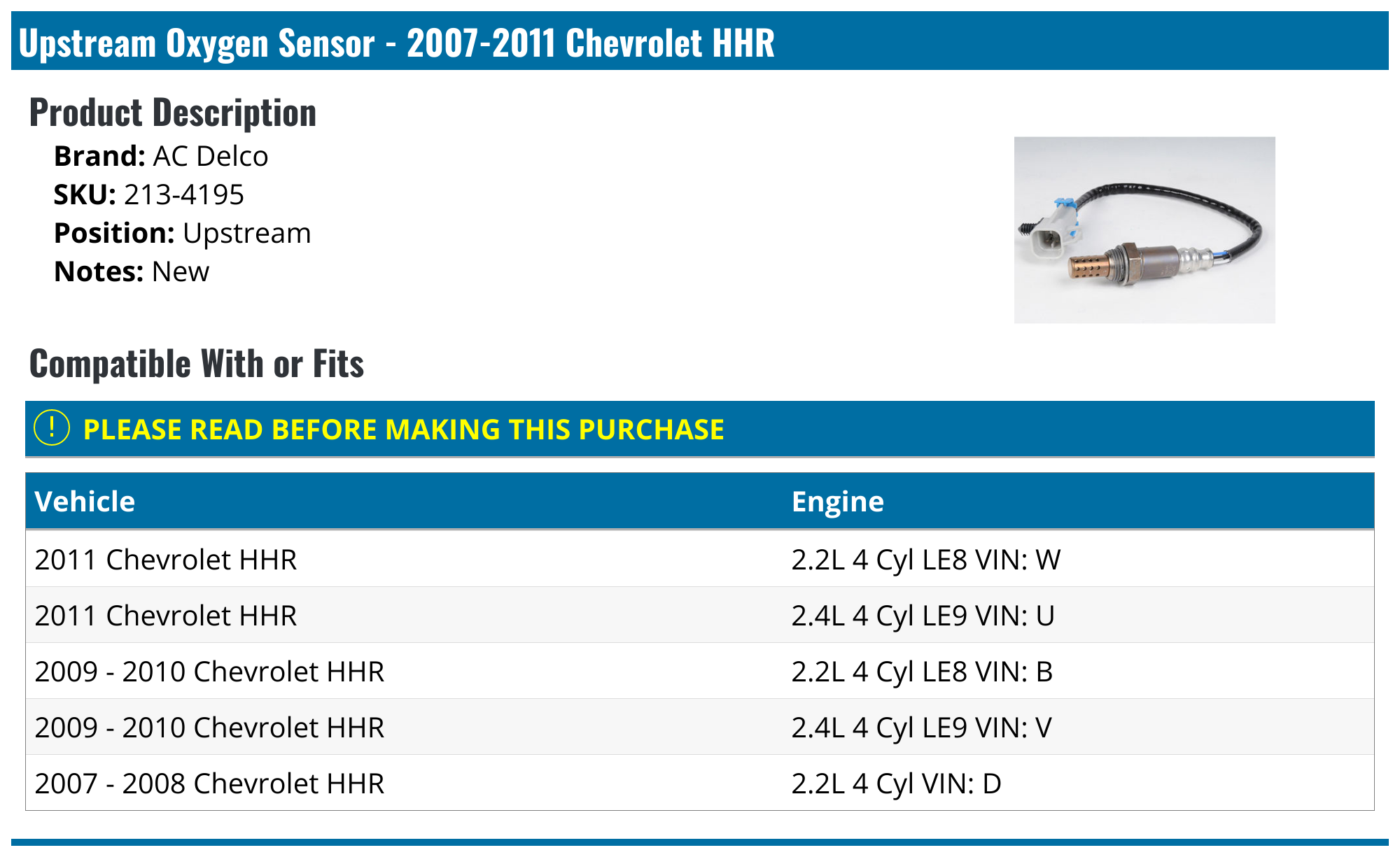 2007-2011 Chevrolet HHR Oxygen Sensor - AC Delco 213-4195 - Upstream ...