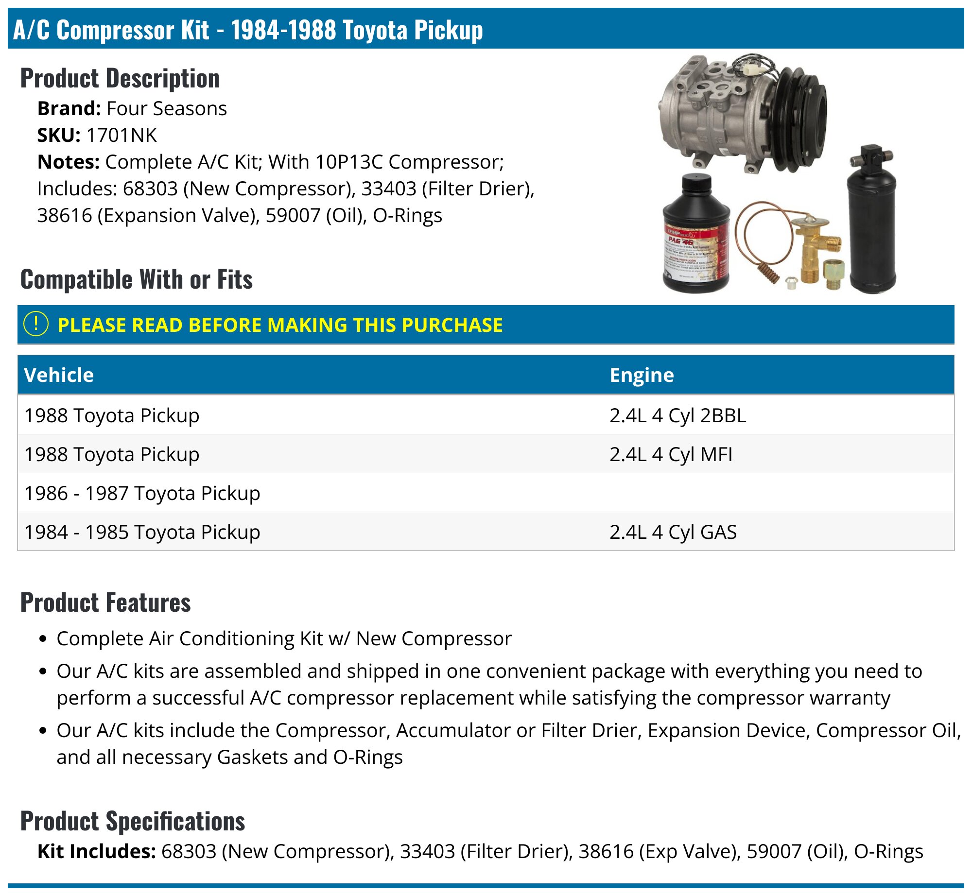 1984-1988 Toyota Pickup A/C Compressor - Four Seasons 1701NK ...