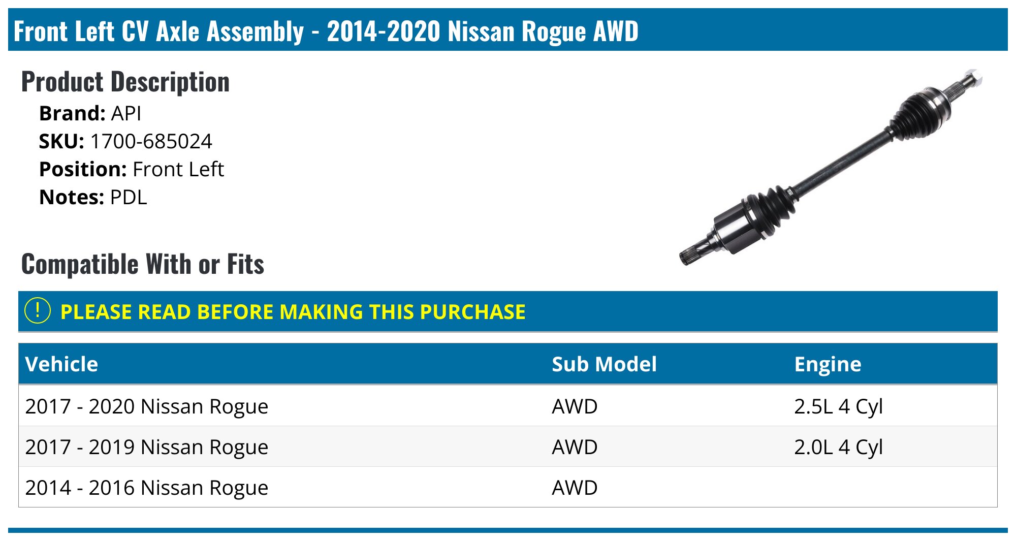 2014-2020 Nissan Rogue Axle Assembly - API 128080-02138851 - Front Left ...
