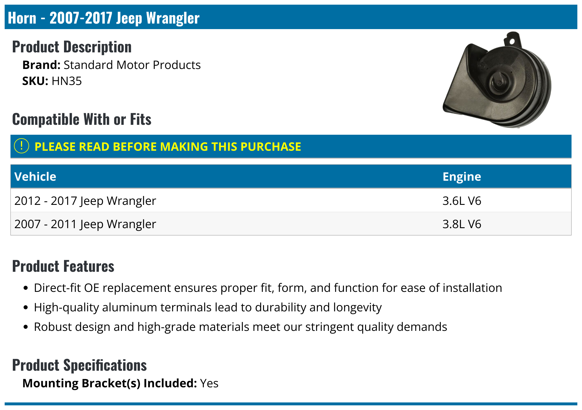 2007-2017 Jeep Wrangler Horn - Standard Motor Products HN35 - PartsGeek.com