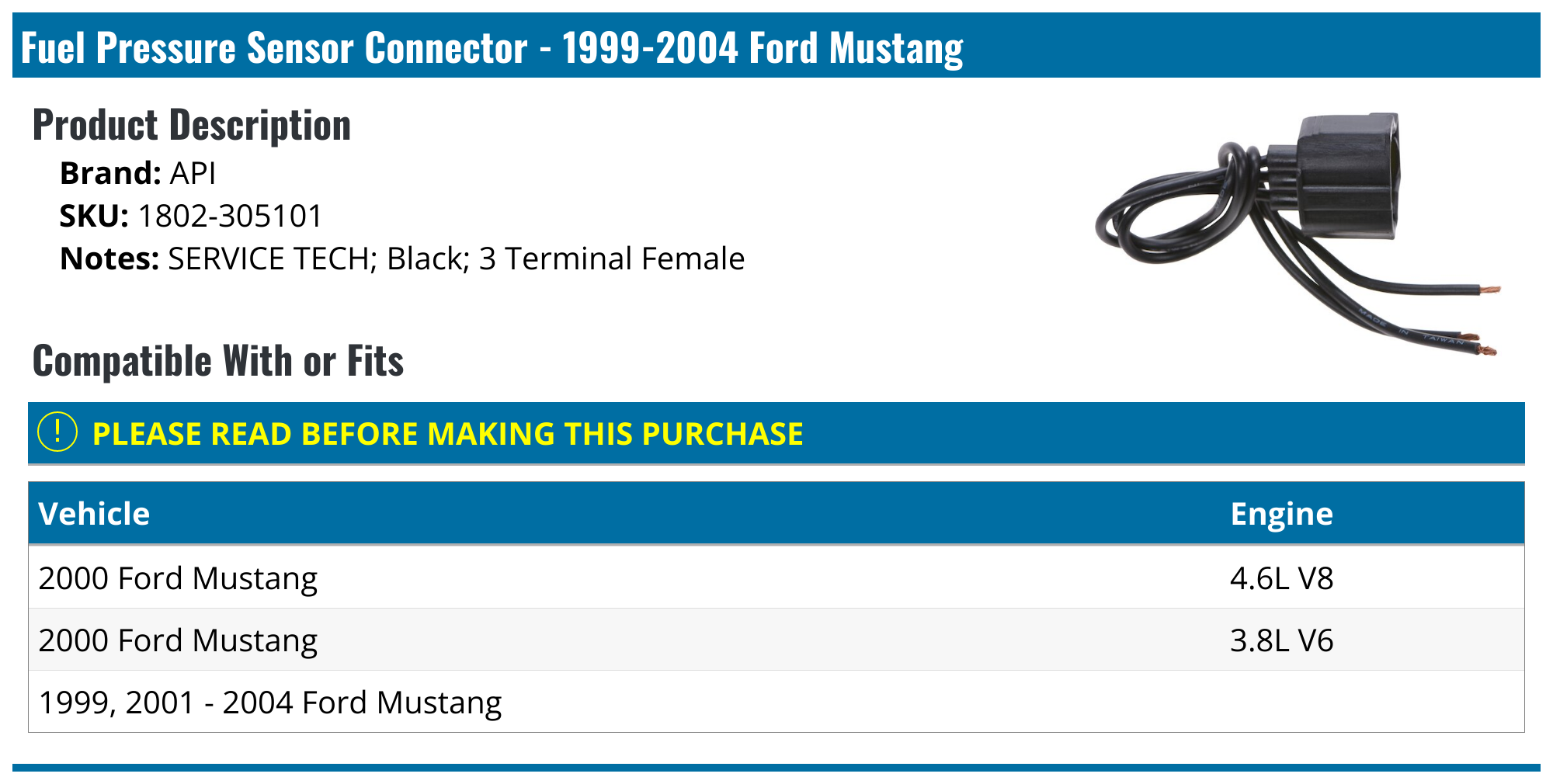 1999-2004 Ford Mustang Fuel Pressure Sensor Connector - API 5464 ...