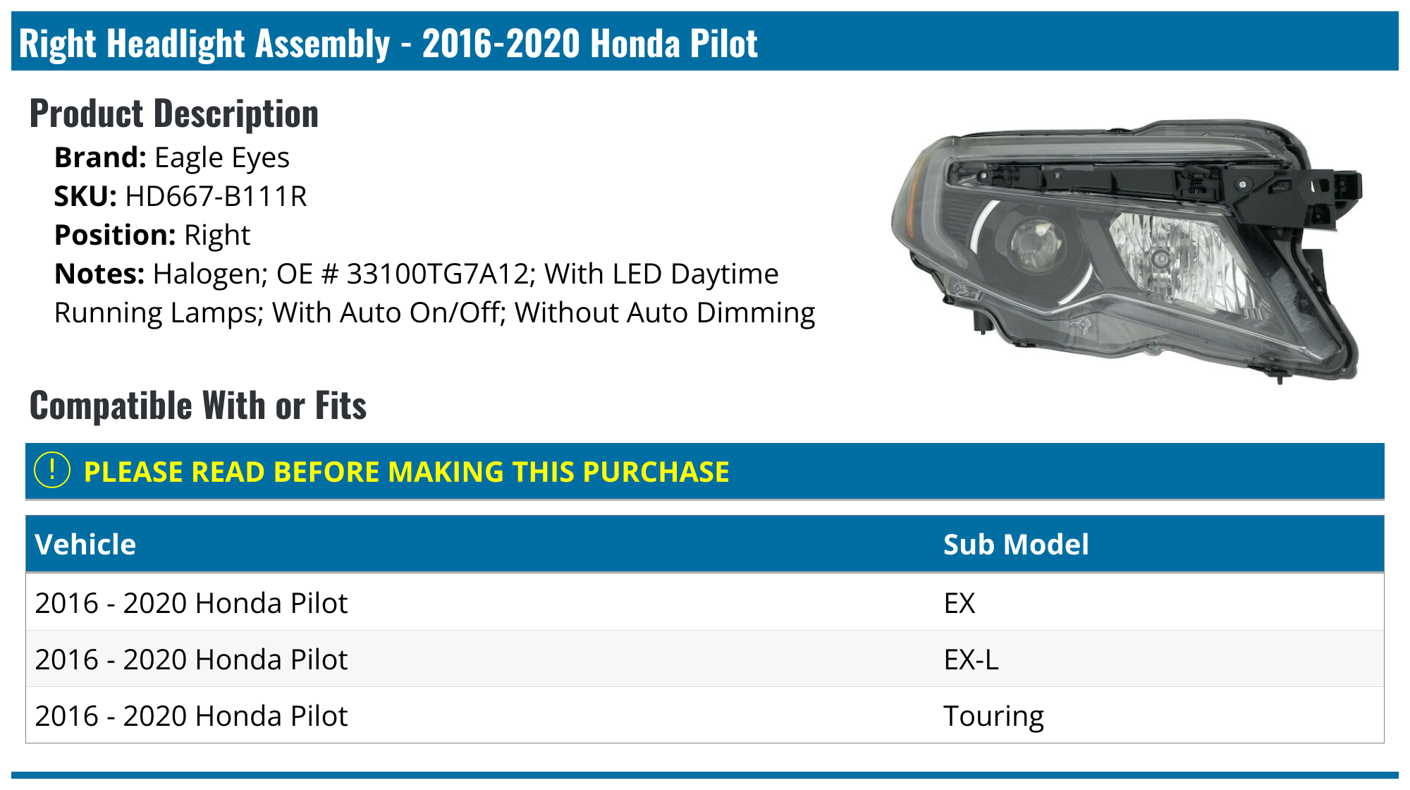 2016-2020 Honda Pilot Headlight Assembly - Eagle Eyes HD667-B111R ...