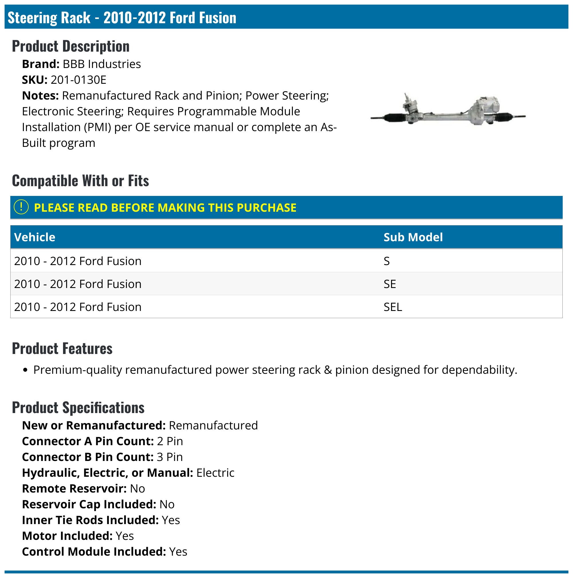 2010-2012 Ford Fusion Steering Rack - BBB Industries 201-0130E ...