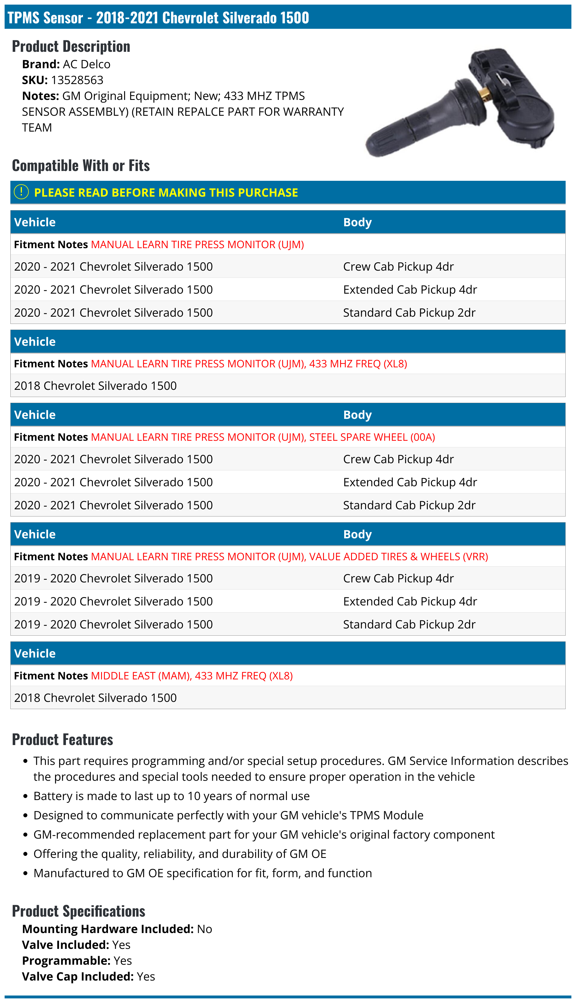 2018-2021 Chevrolet Silverado 1500 Tire Pressure Monitoring Sensor - AC ...