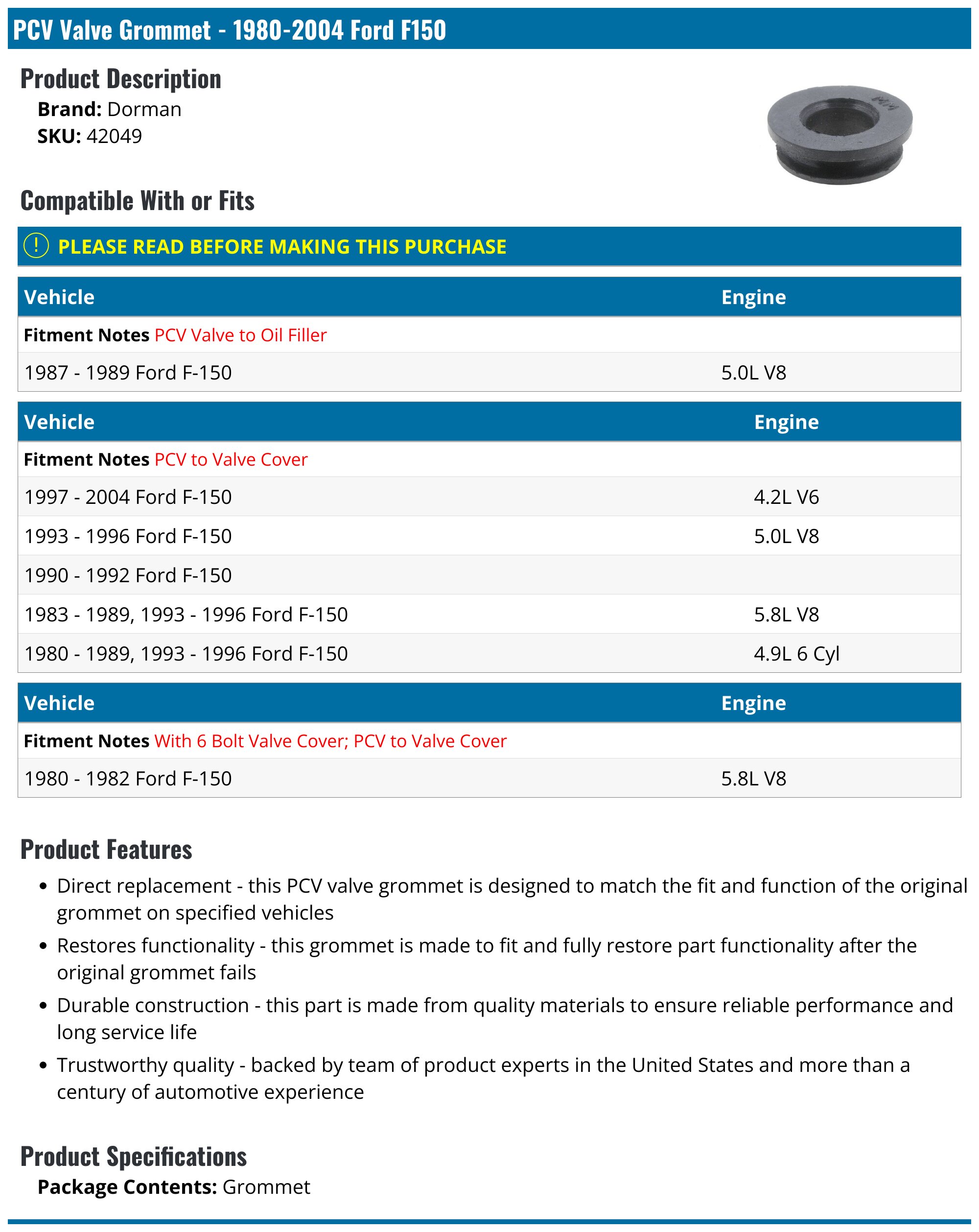 1980-2004 Ford F150 PCV Valve Grommet - Dorman 42049 - PartsGeek.com
