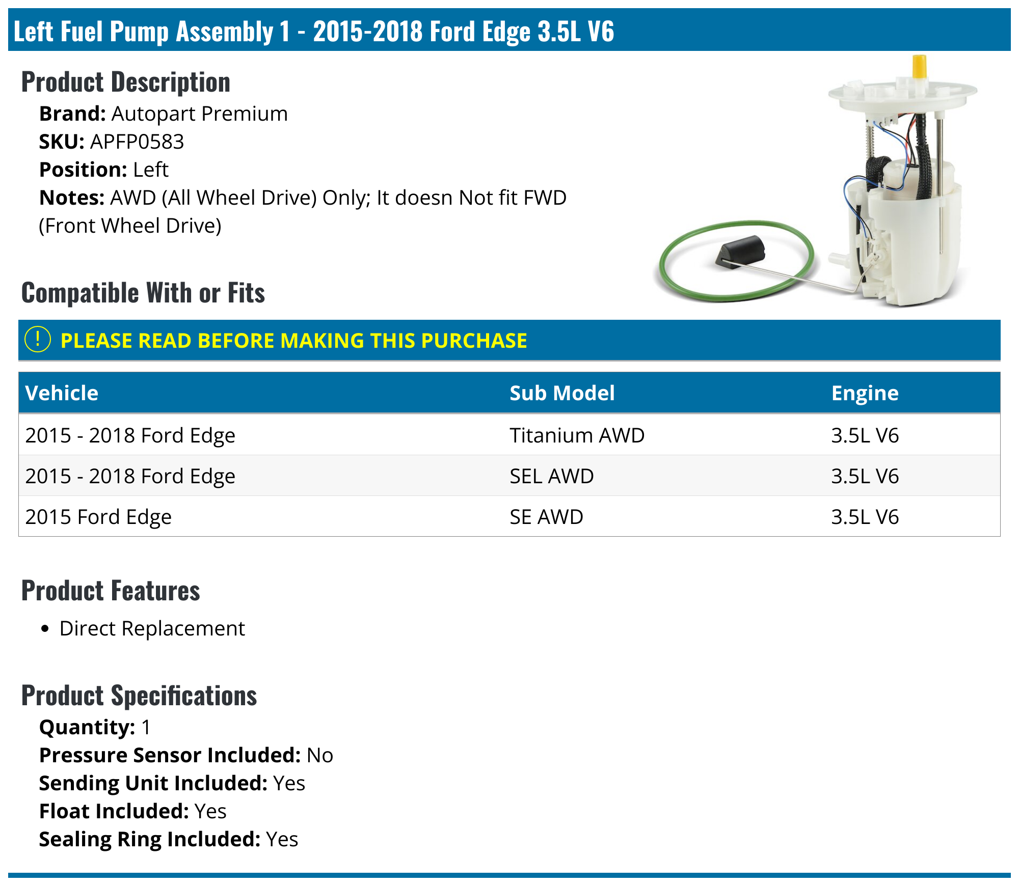 2015-2018 Ford Edge Fuel Pump - Autopart Premium APFP0583 - Left ...