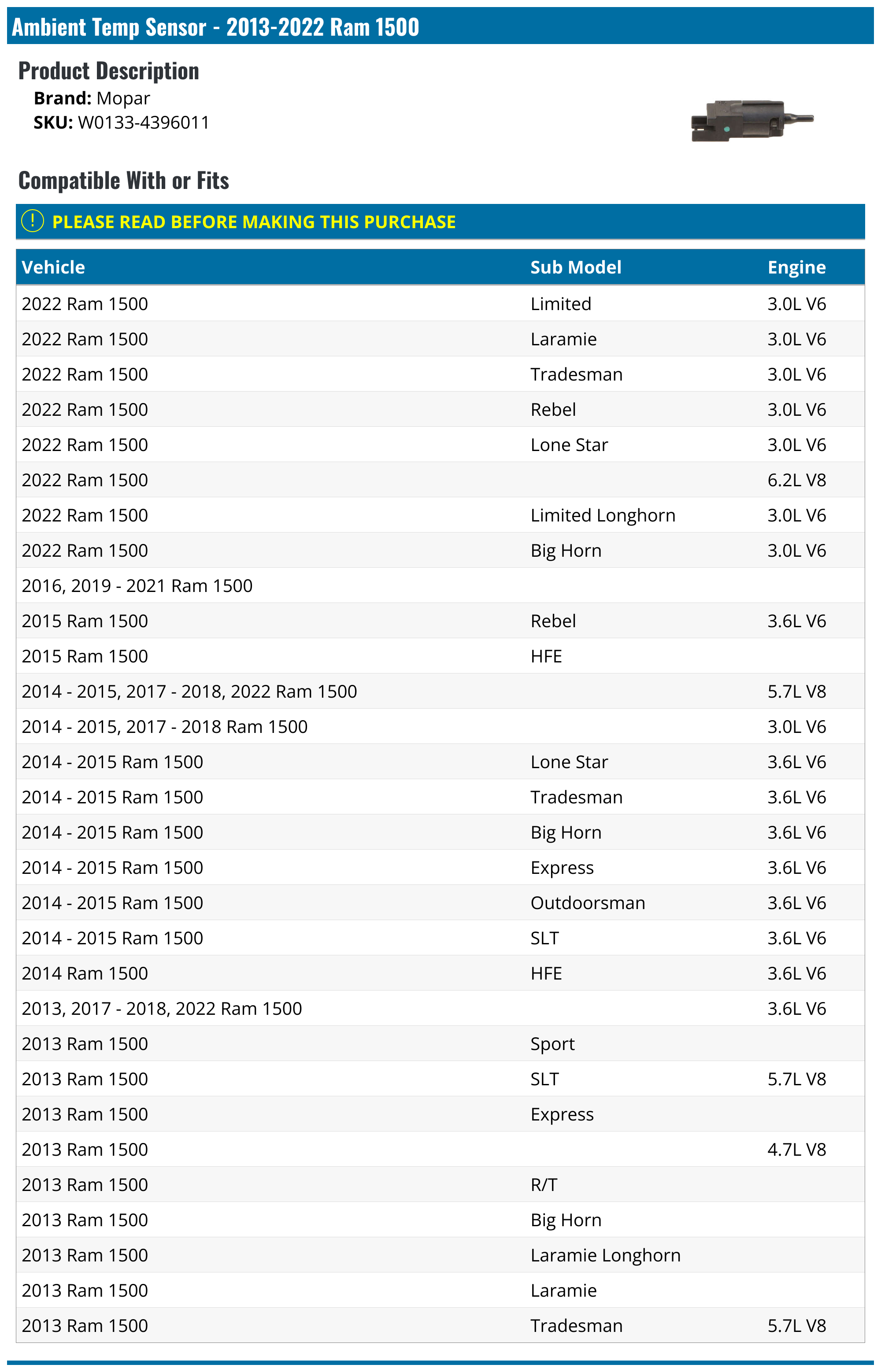 2013-2022 Ram 1500 Ambient Temp Sensor - Mopar W0133-4396011 ...
