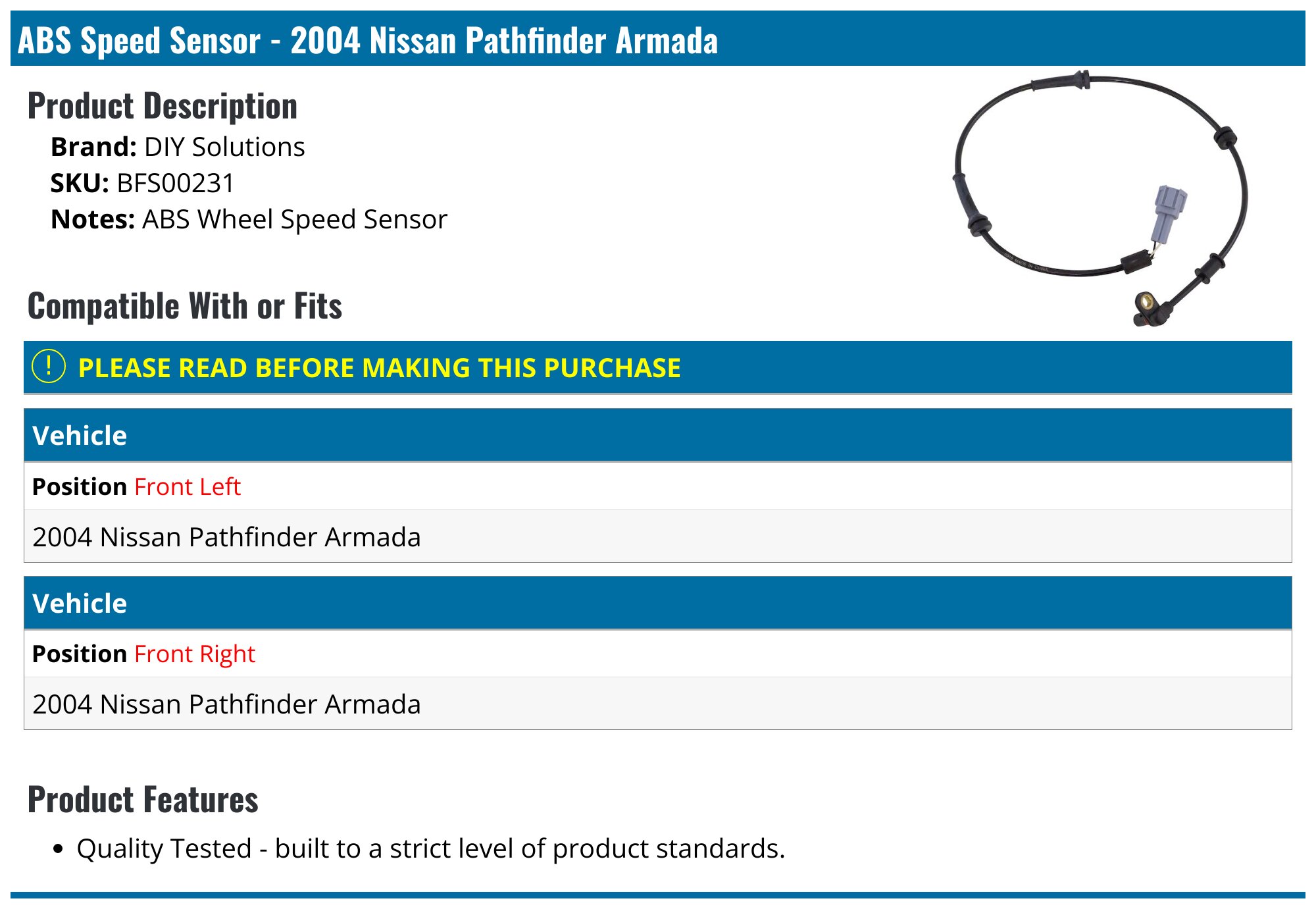 2004 Nissan Pathfinder Armada ABS Speed Sensor - DIY Solutions BFS00231 ...