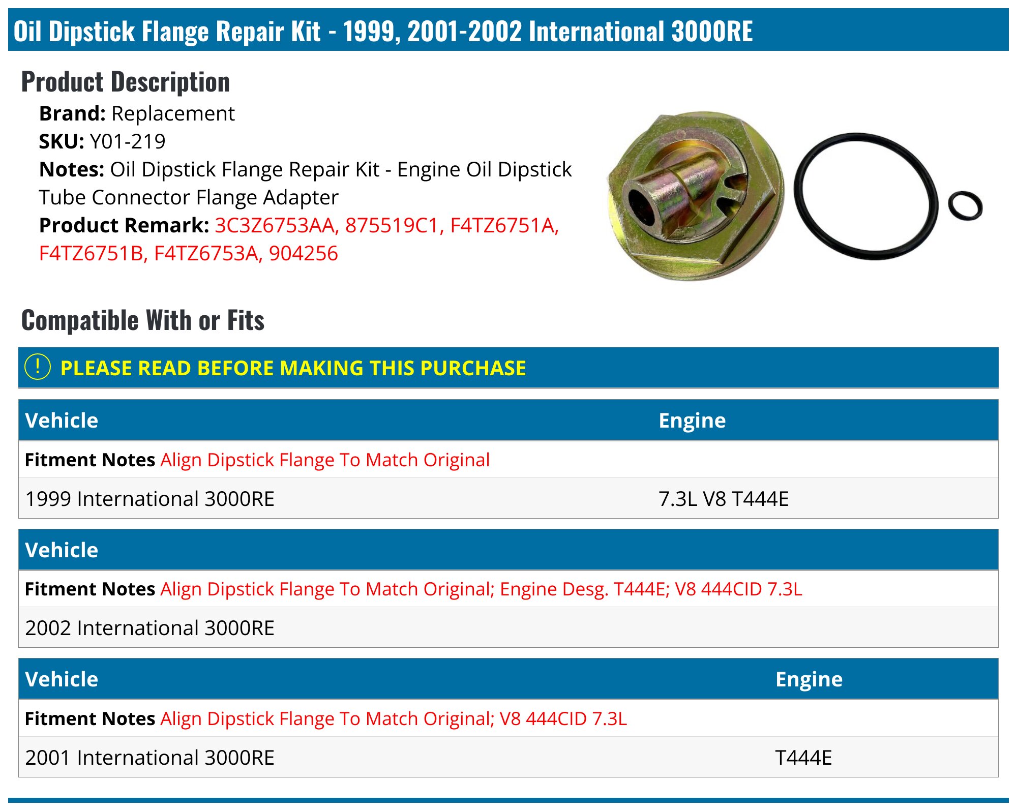 1999, 2001-2002 International 3000RE Oil Dipstick Flange Repair Kit ...