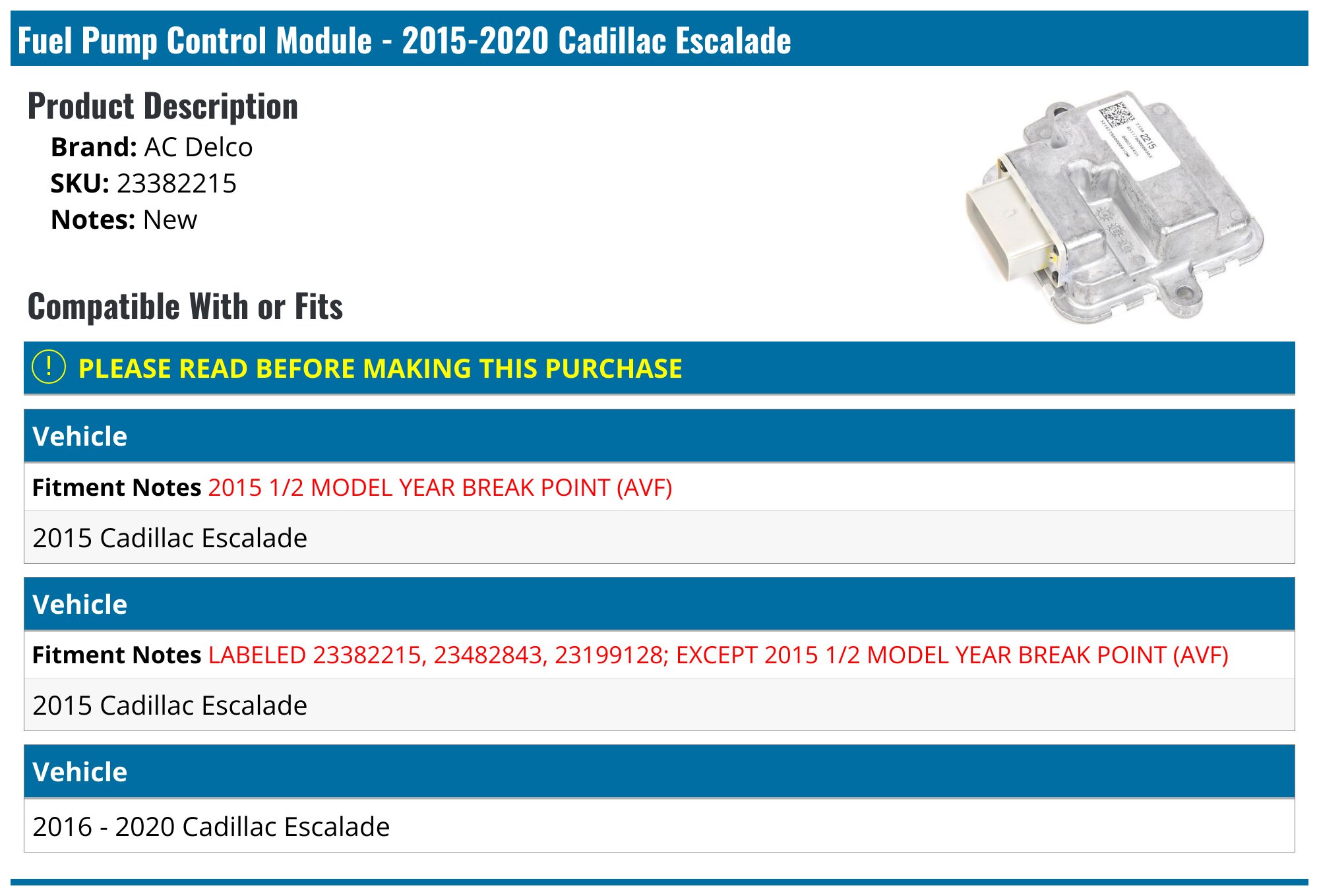 2015-2020 Cadillac Escalade Fuel Pump Control Module - AC Delco ...