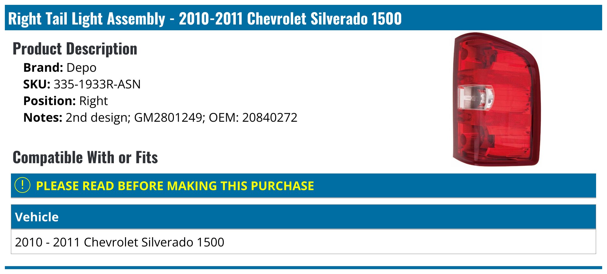 2010-2011 Chevrolet Silverado 1500 Tail Light Assembly - Depo 335-1933R ...