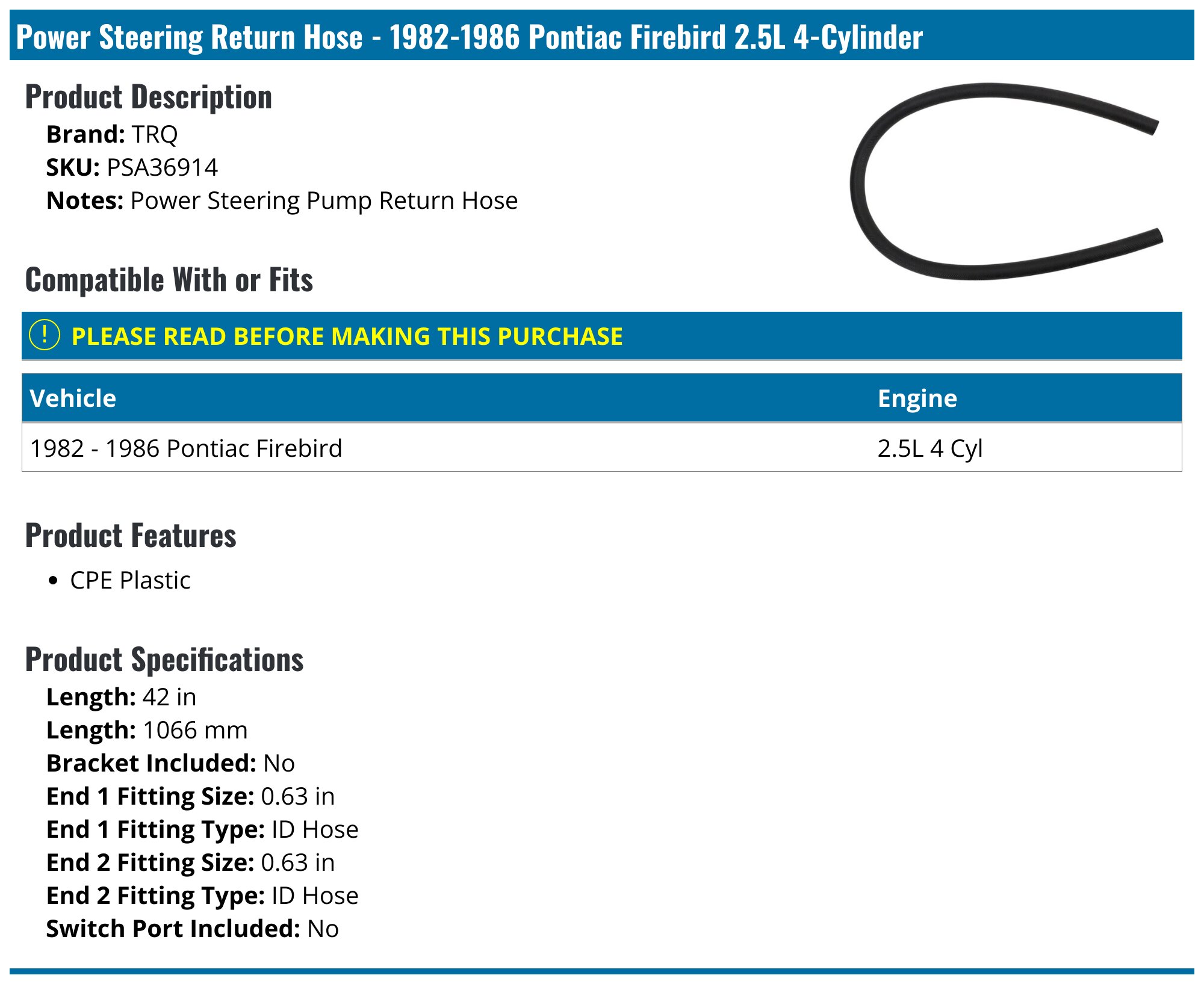 1982-1986 Pontiac Firebird Power Steering Return Hose - TRQ PSA36914 ...