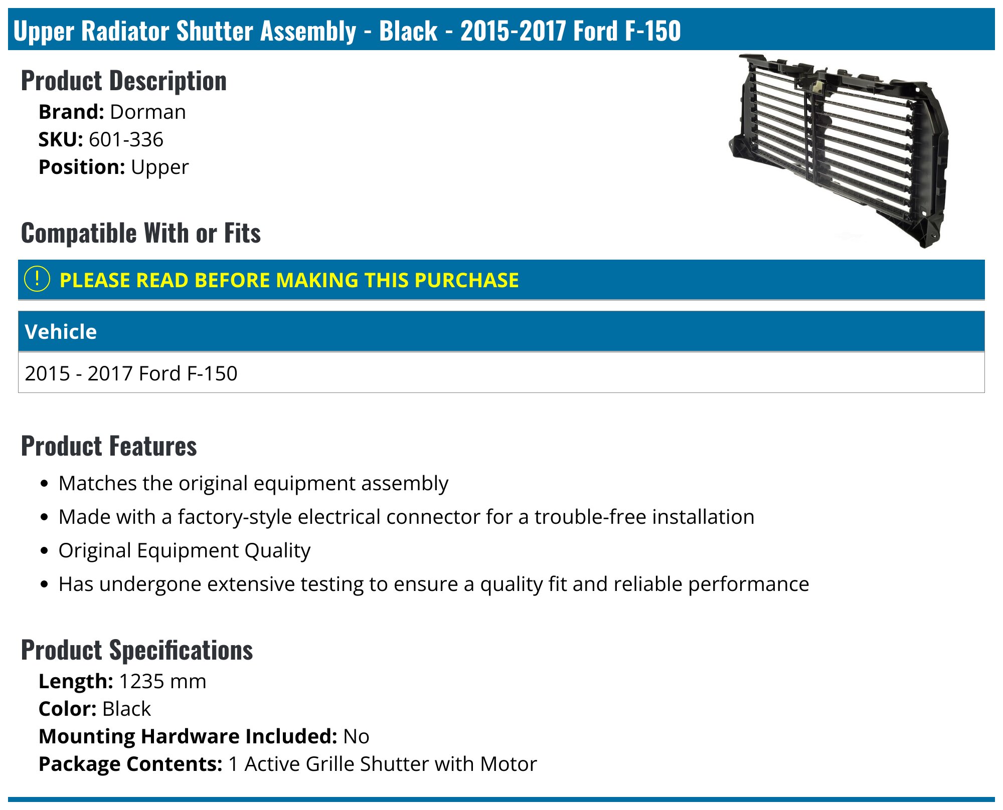 2015-2017 Ford F150 Radiator Shutter Assembly - Dorman 601-336 - Upper ...