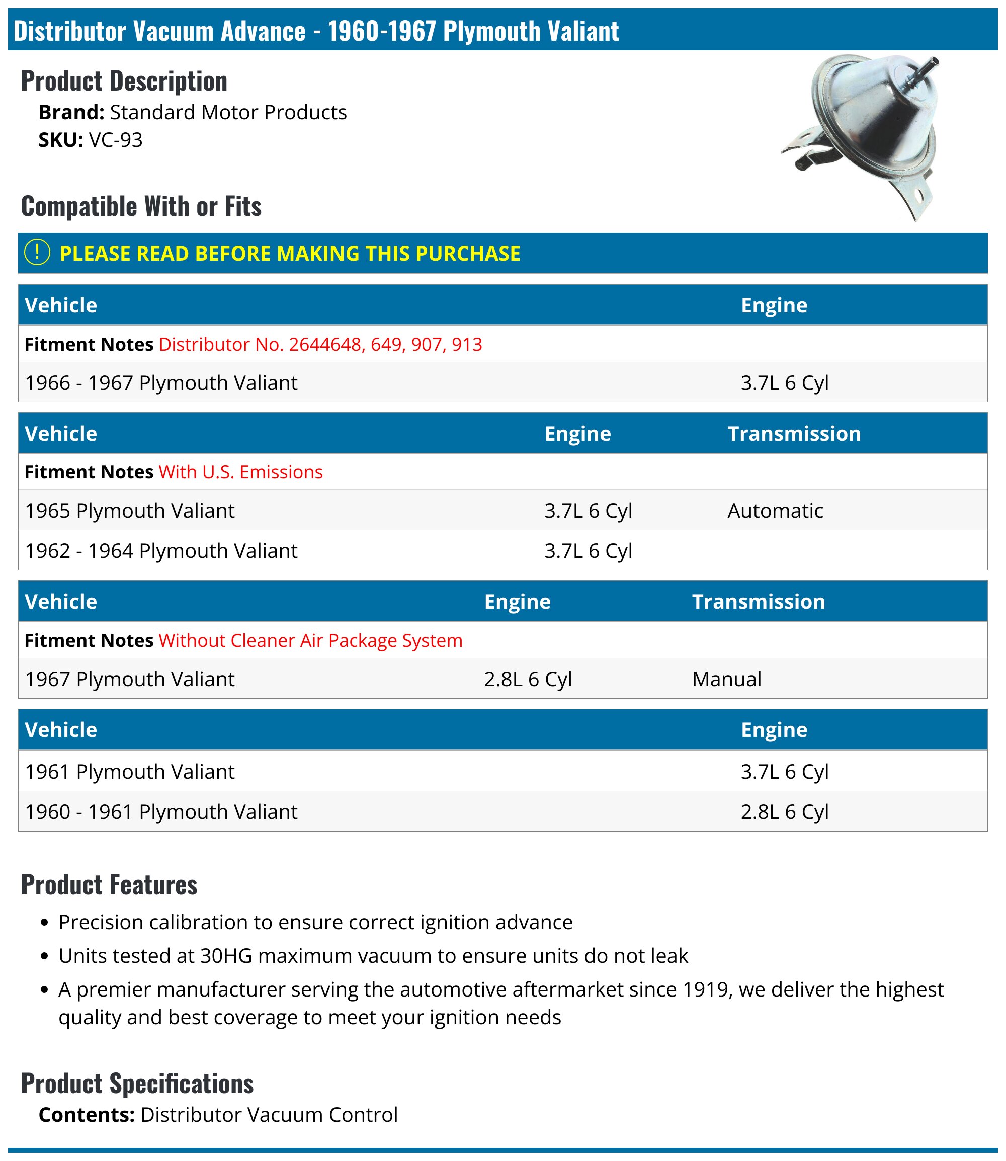 1960-1967 Plymouth Valiant Distributor Vacuum Advance - Standard Motor ...