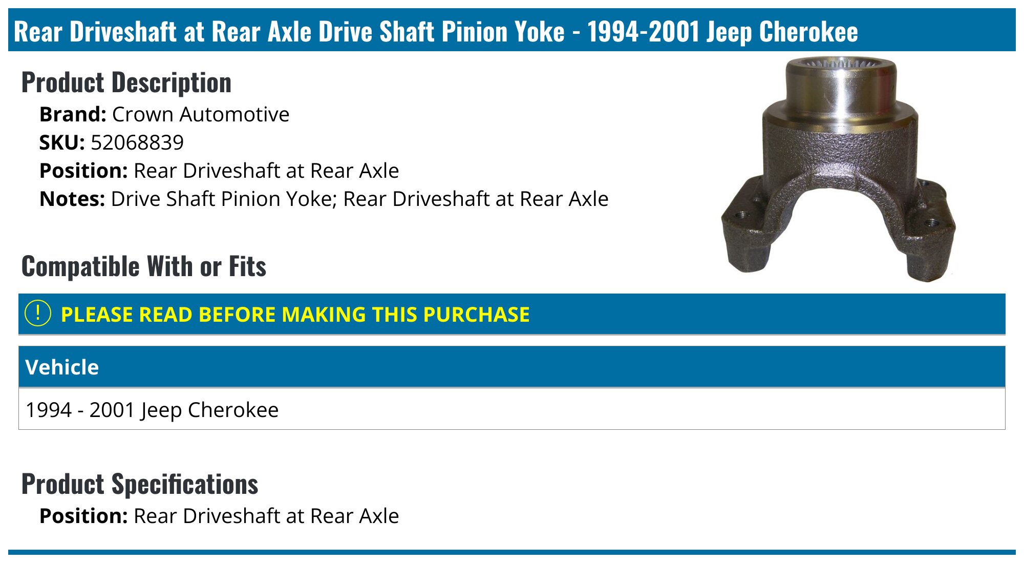 1994-2001 Jeep Cherokee Drive Shaft Pinion Yoke - Crown Automotive ...
