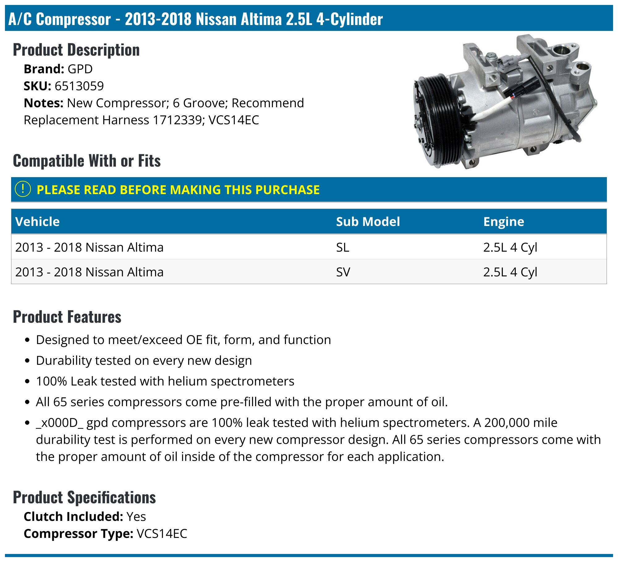 2013-2018 Nissan Altima A/C Compressor - GPD 6513059 - PartsGeek.com