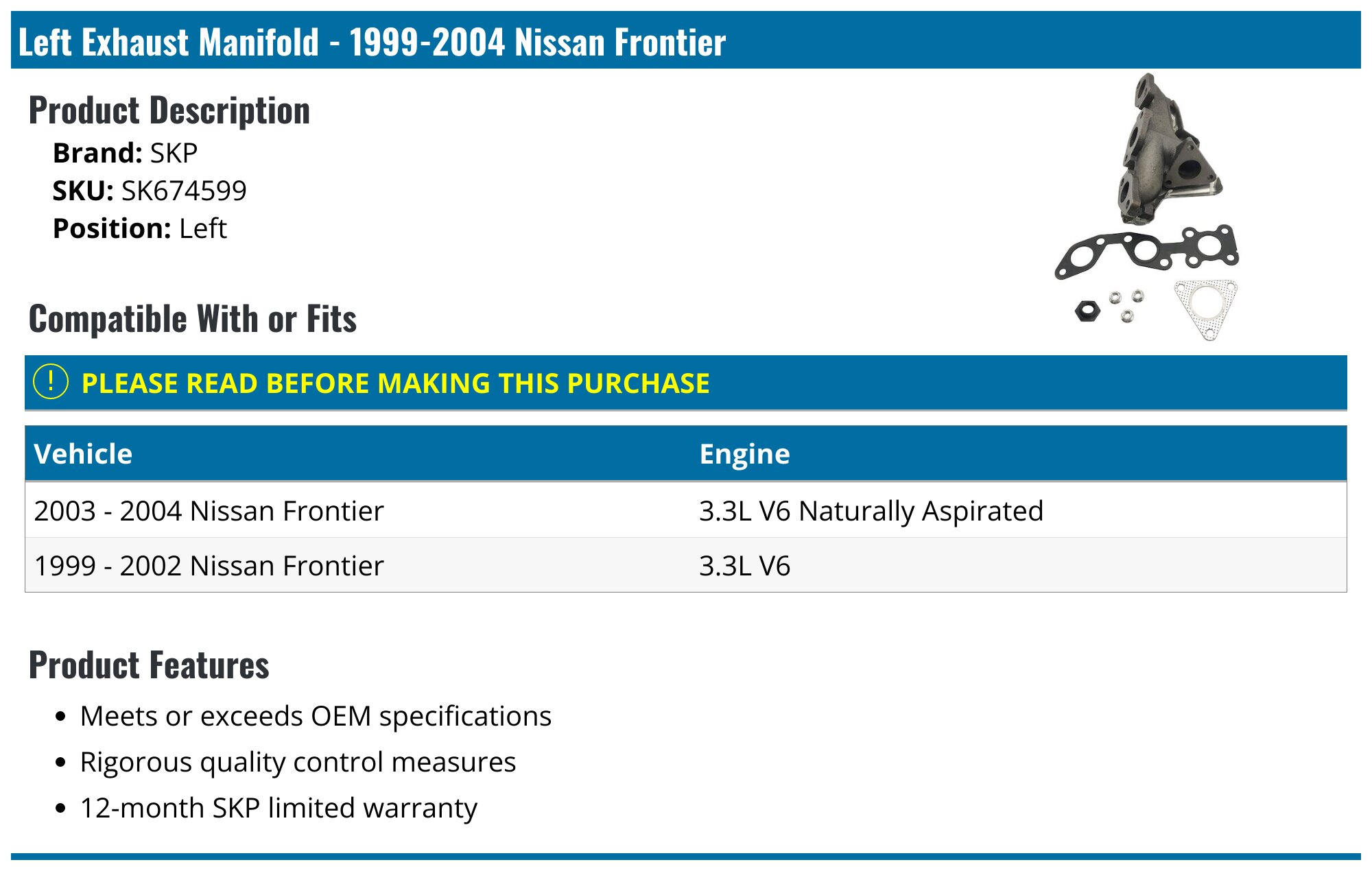1999-2004 Nissan Frontier Exhaust Manifold - SKP SK674599 - Left ...