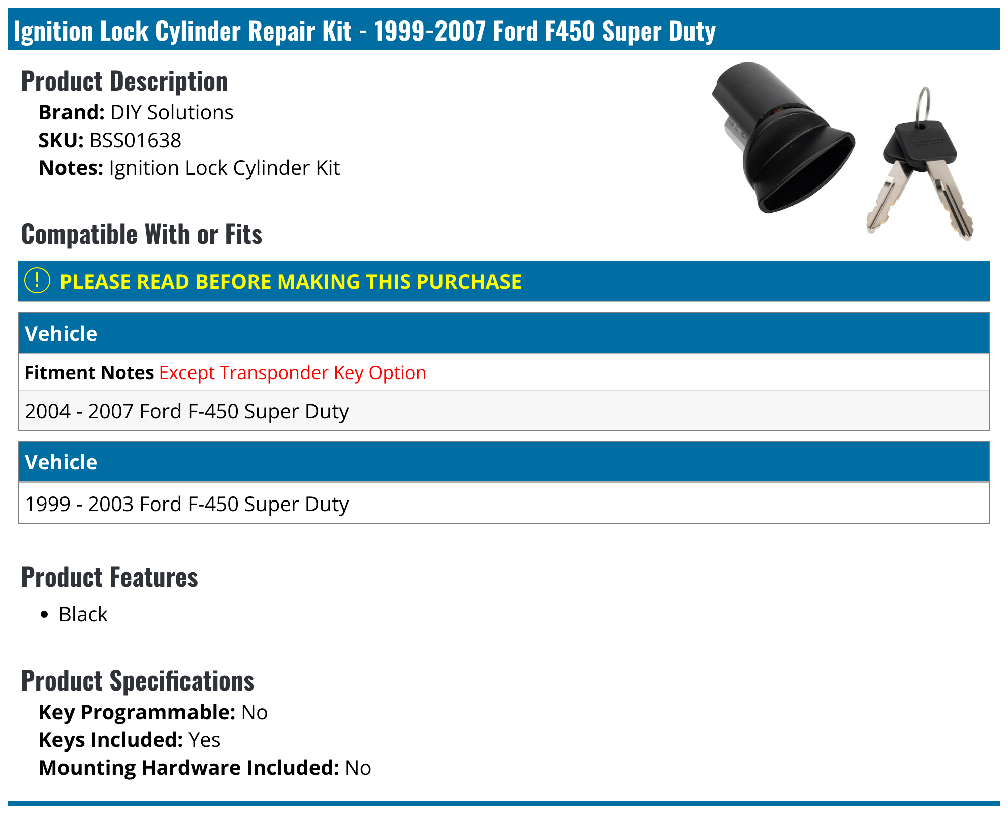 1999-2007 Ford F450 Super Duty Ignition Lock Cylinder - DIY Solutions ...