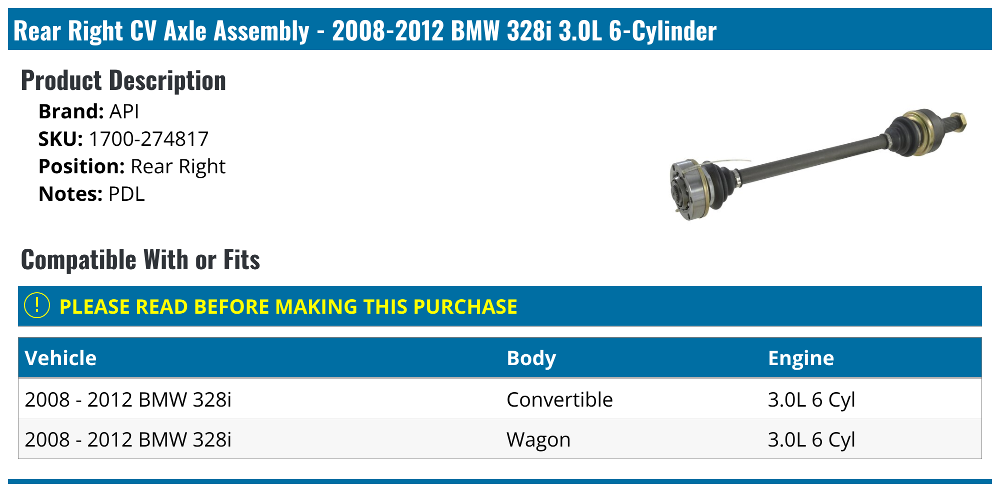 2008-2012 BMW 328i Axle Assembly - API 28999-07169361 - Rear Right ...