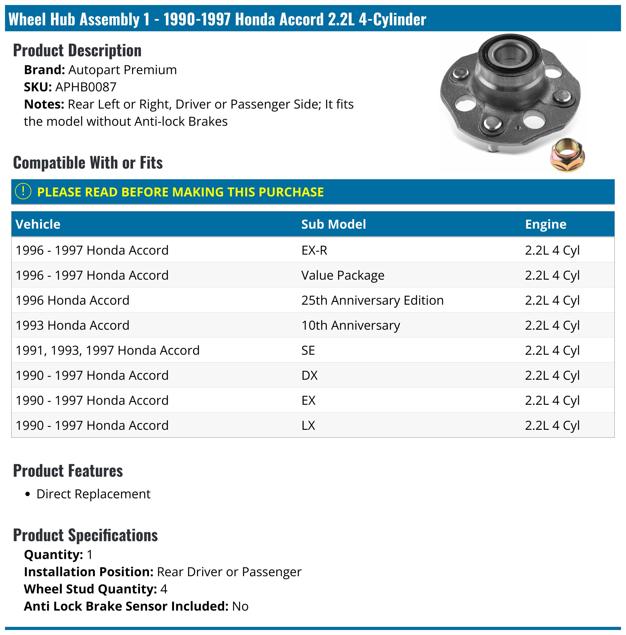 1990-1997 Honda Accord Wheel Hub Assembly - Autopart Premium APHB0087 ...