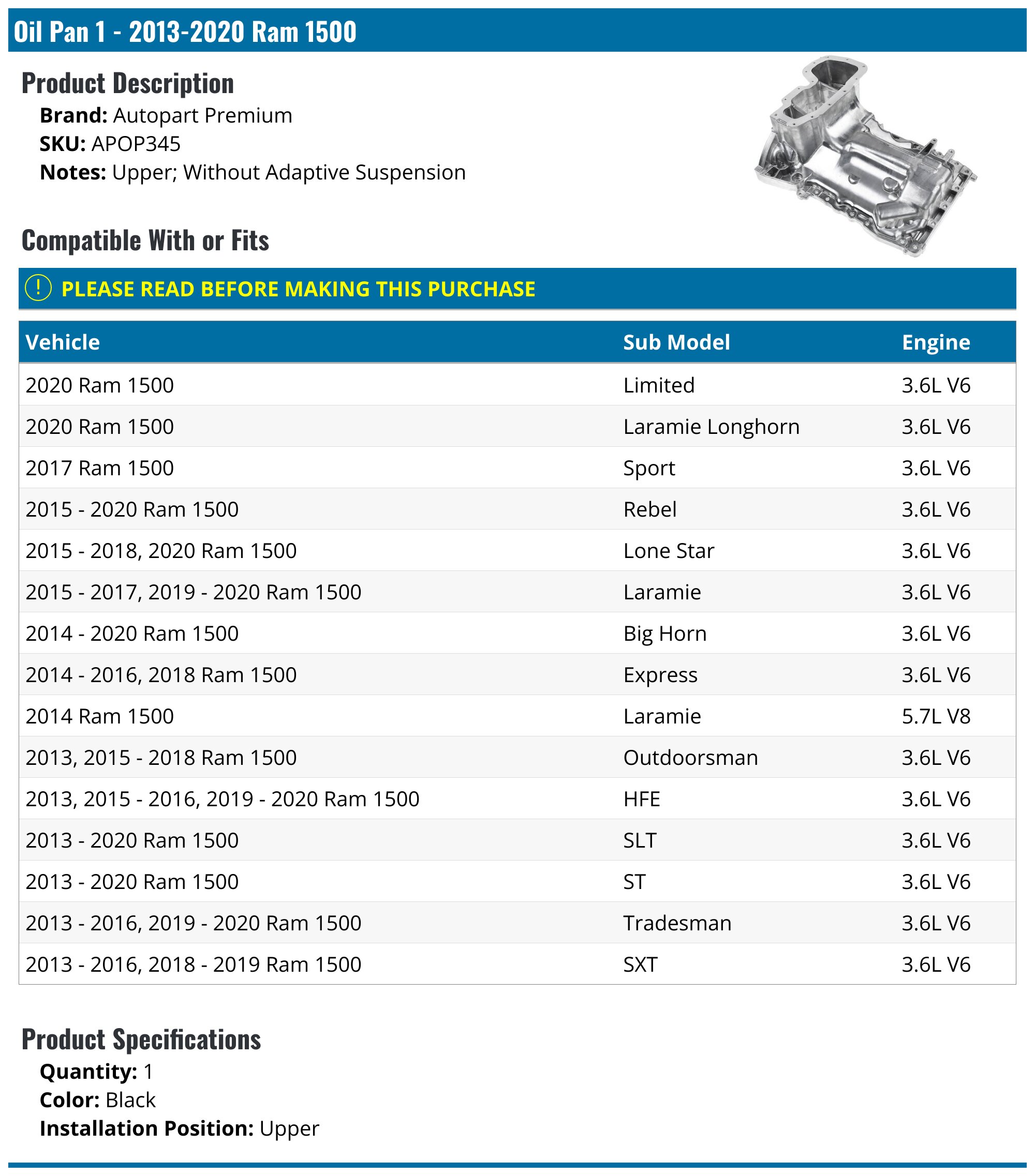 2013-2020 Ram 1500 Oil Pan - Autopart Premium APOP345 - Upper ...