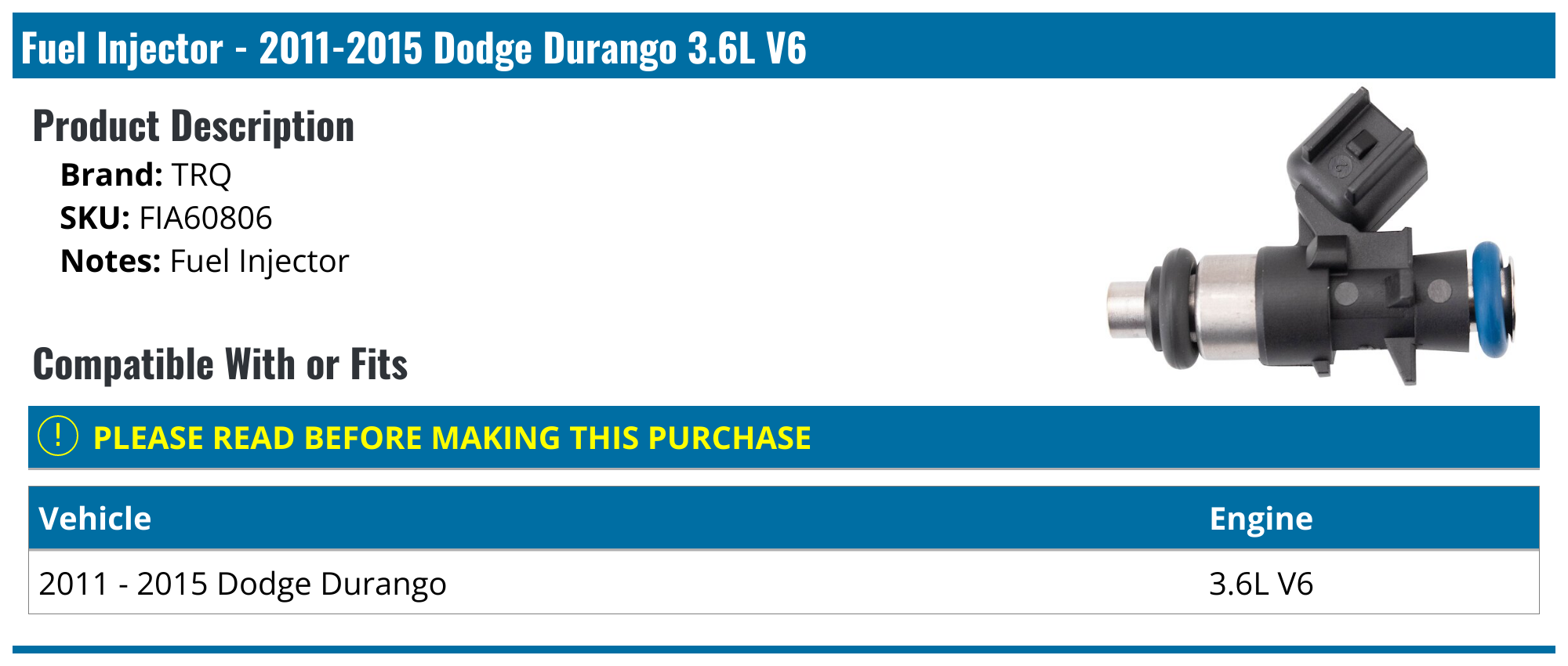 2011-2015 Dodge Durango Fuel Injector - TRQ FIA60806 - PartsGeek.com