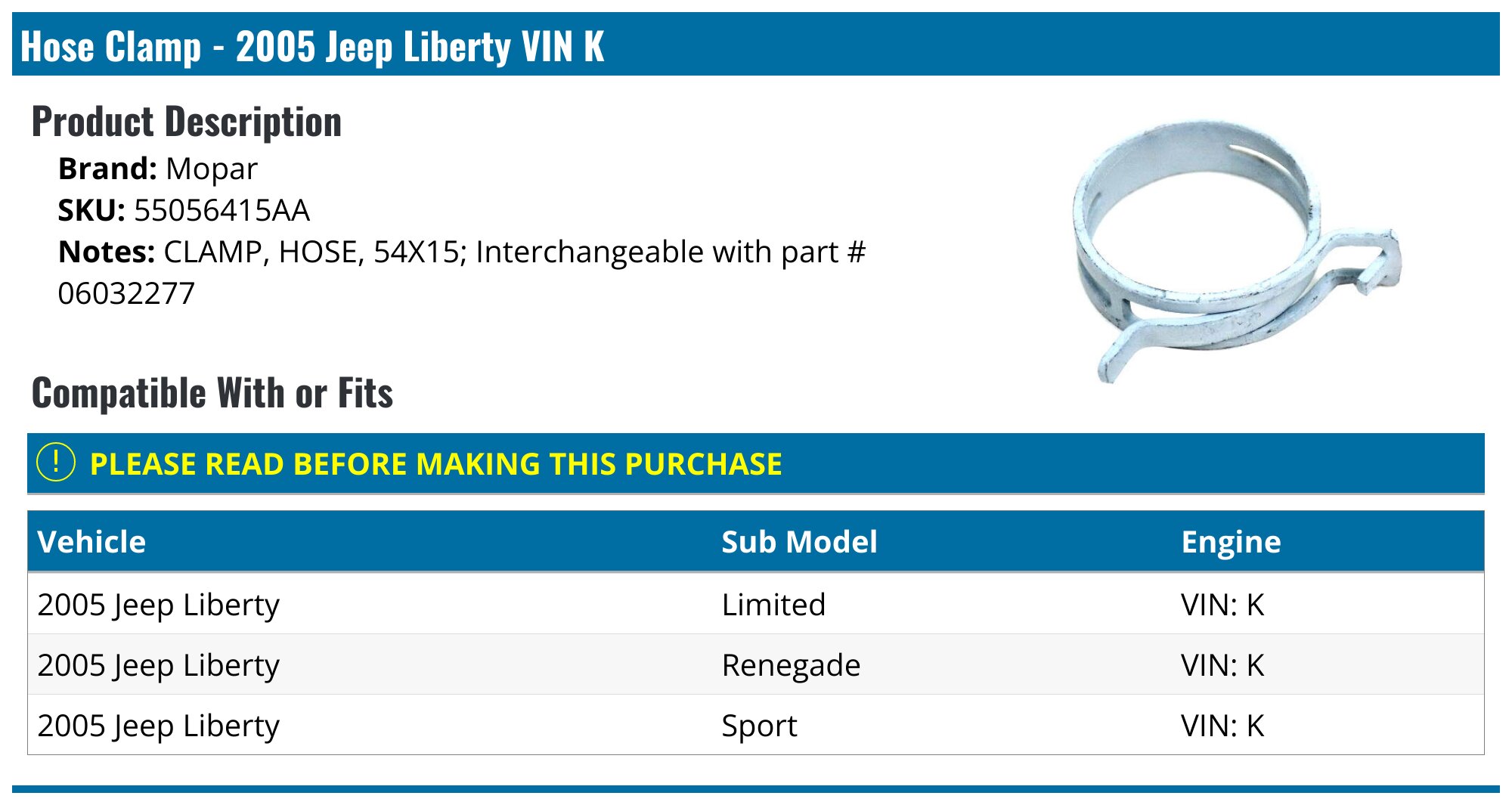 2005 Jeep Liberty Hose Clamp - Mopar 55056415AA - PartsGeek.com