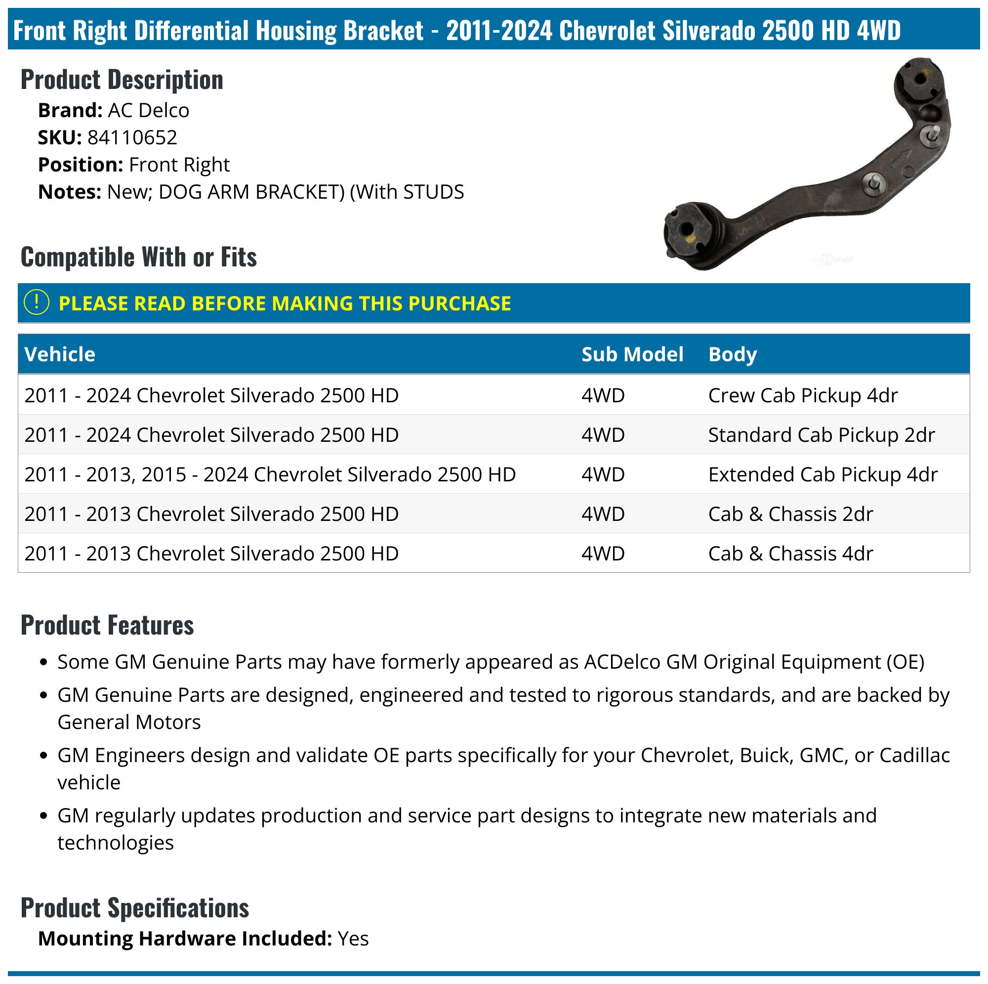 2011-2024 Chevrolet Silverado 2500 HD Differential Housing Bracket - AC ...