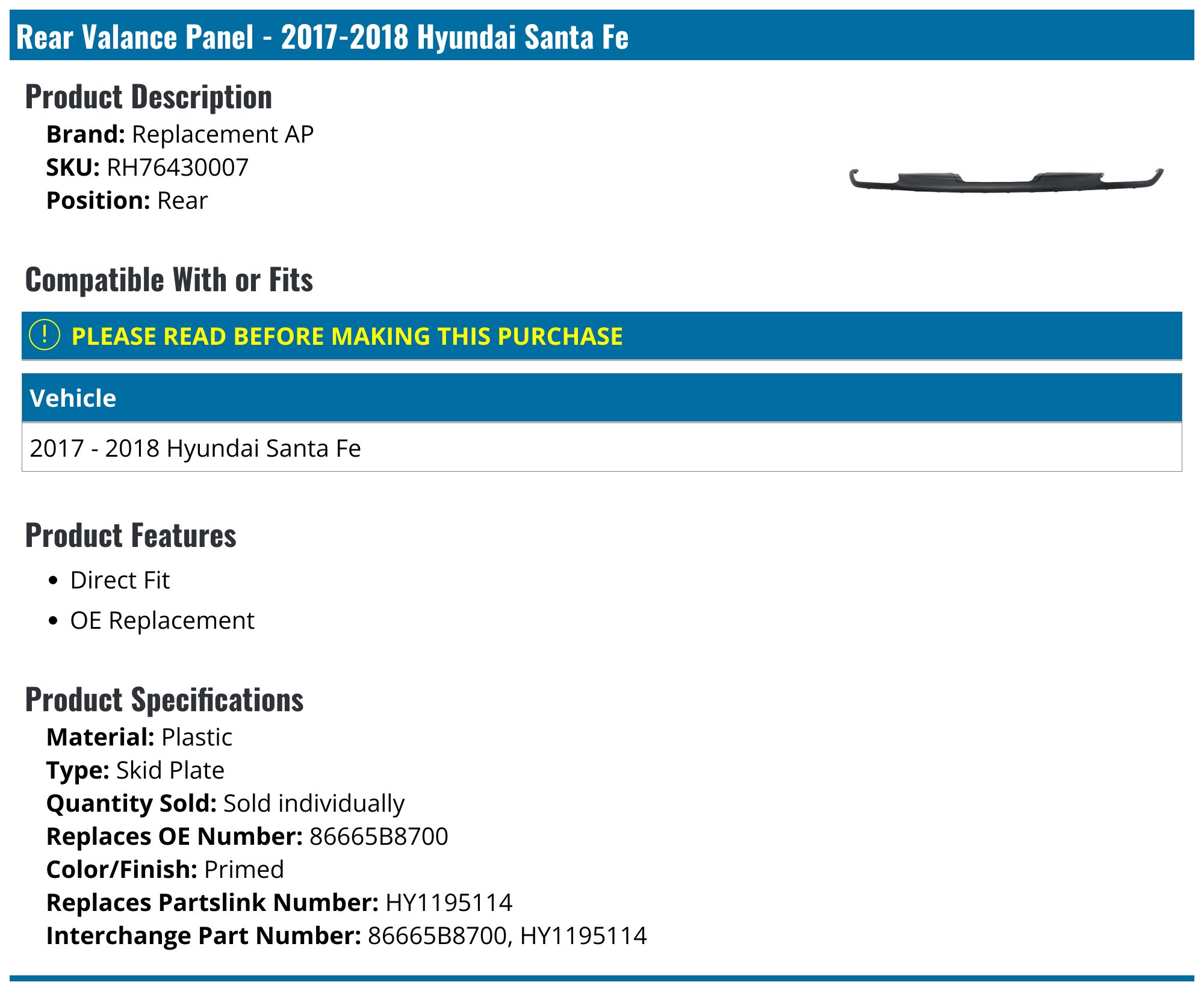 2017-2018 Hyundai Santa Fe Valance Panel - Replacement AP RH76430007 ...