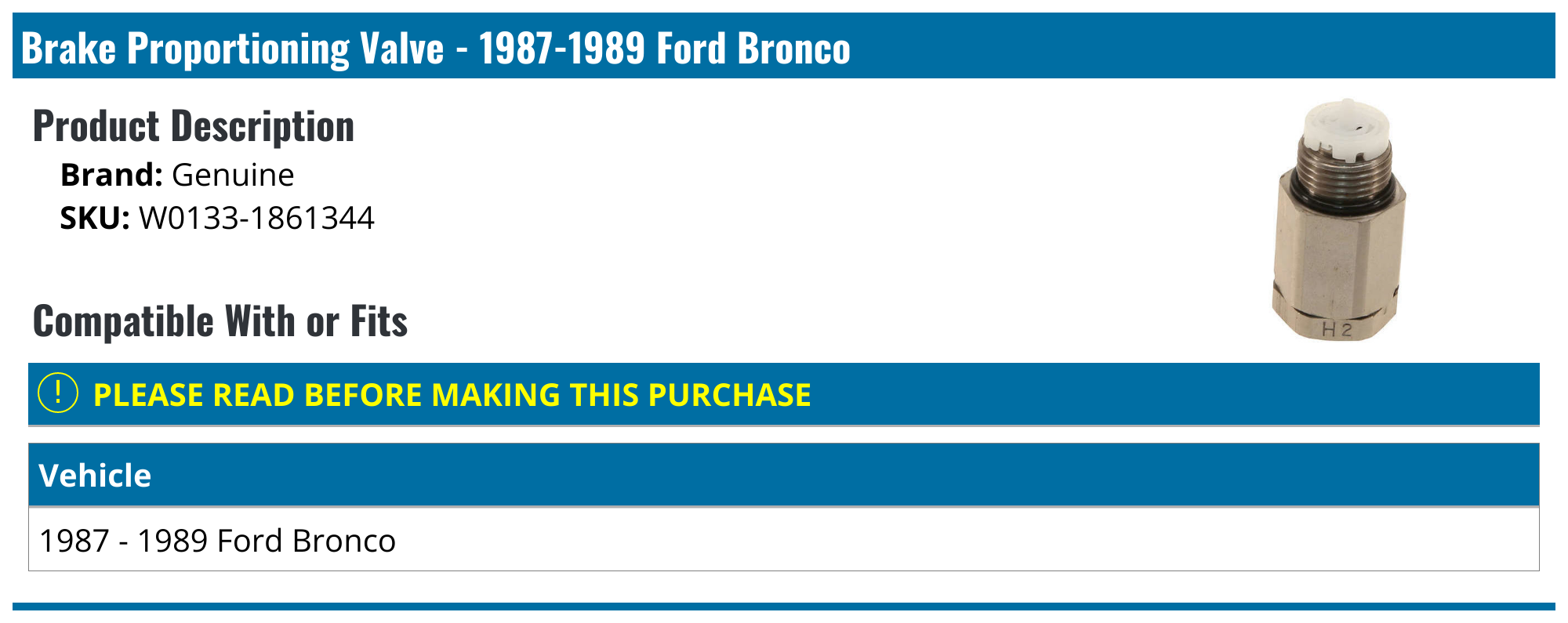 1987-1989 Ford Bronco Brake Proportioning Valve - Genuine W0133-1861344 ...
