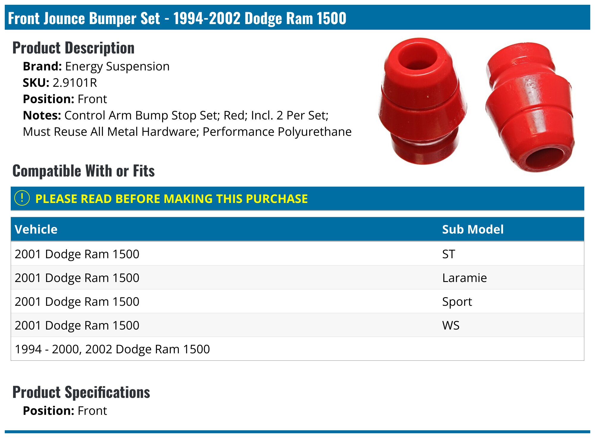 1994-2002 Dodge Ram 1500 Jounce Bumper Set - Energy Suspension 2.9101R ...