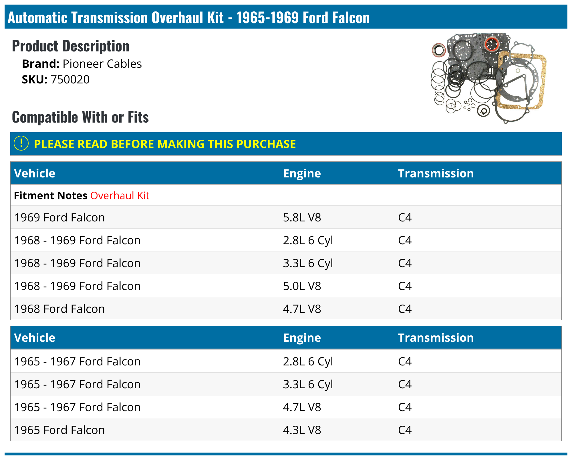 1965-1969 Ford Falcon Automatic Transmission Overhaul Kit - Pioneer ...