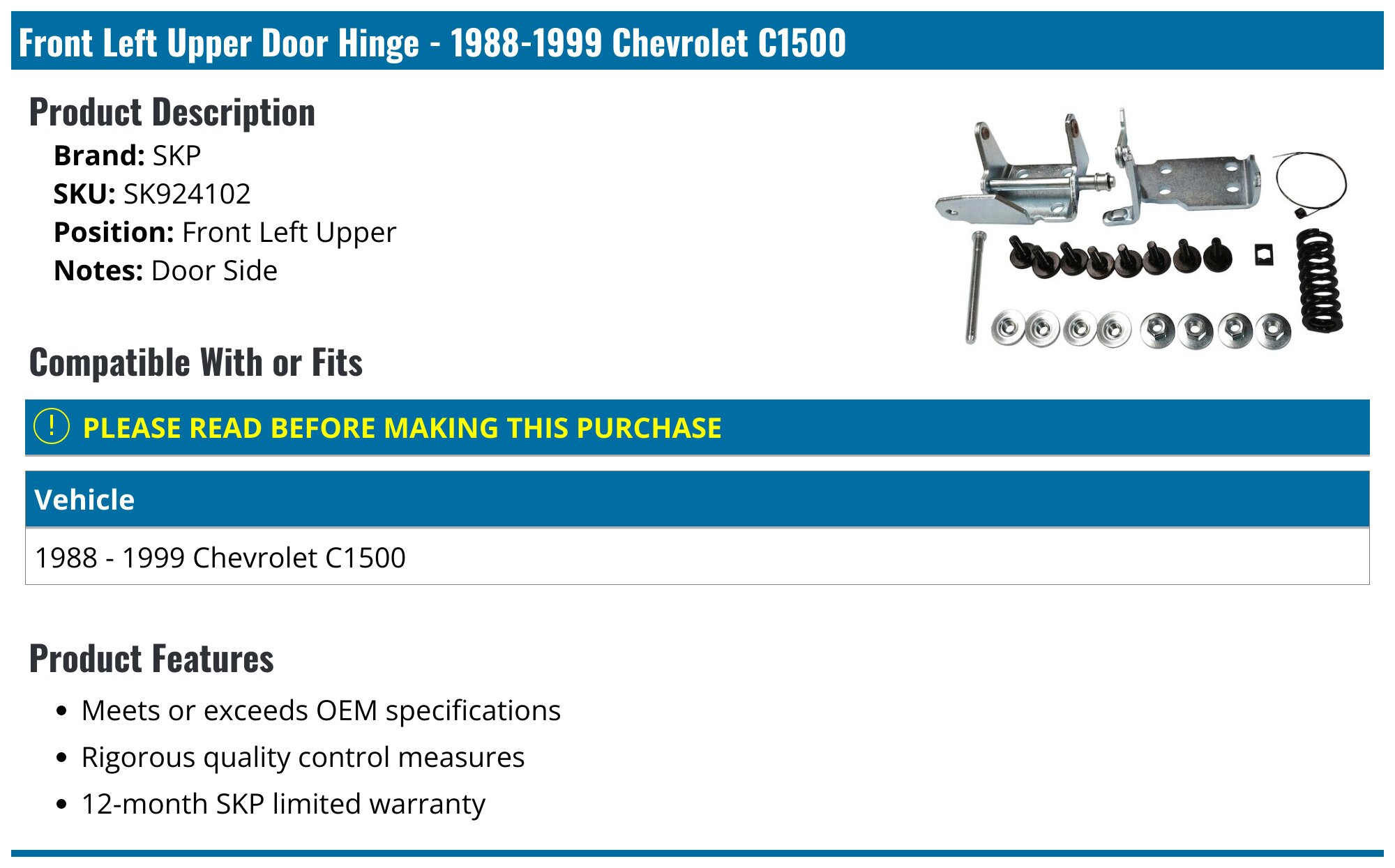 1988-1999 Chevrolet C1500 Door Hinge - SKP SK924102 - Front Left Upper ...