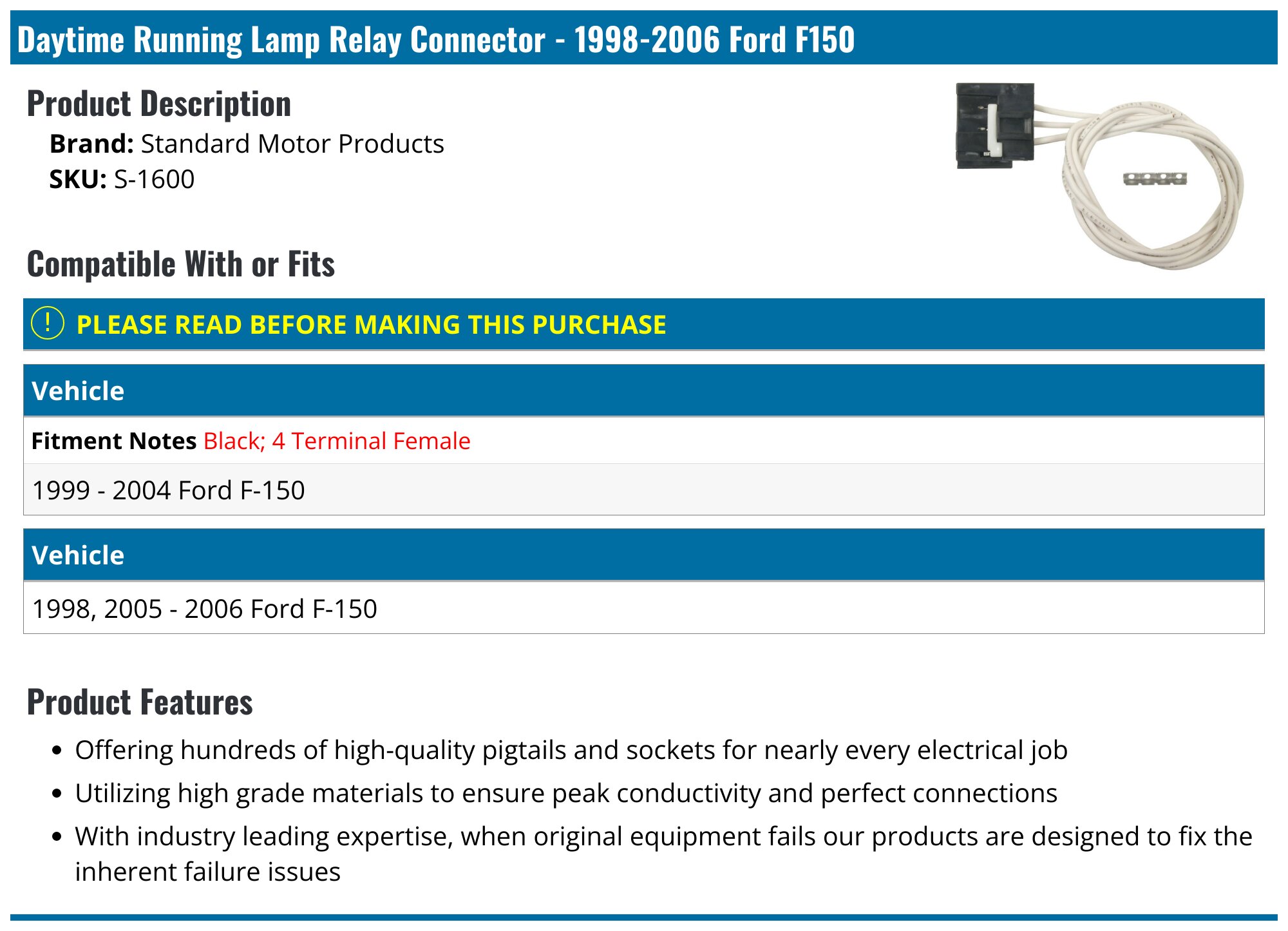 1998-2006 Ford F150 Daytime Running Lamp Relay Connector - Standard ...