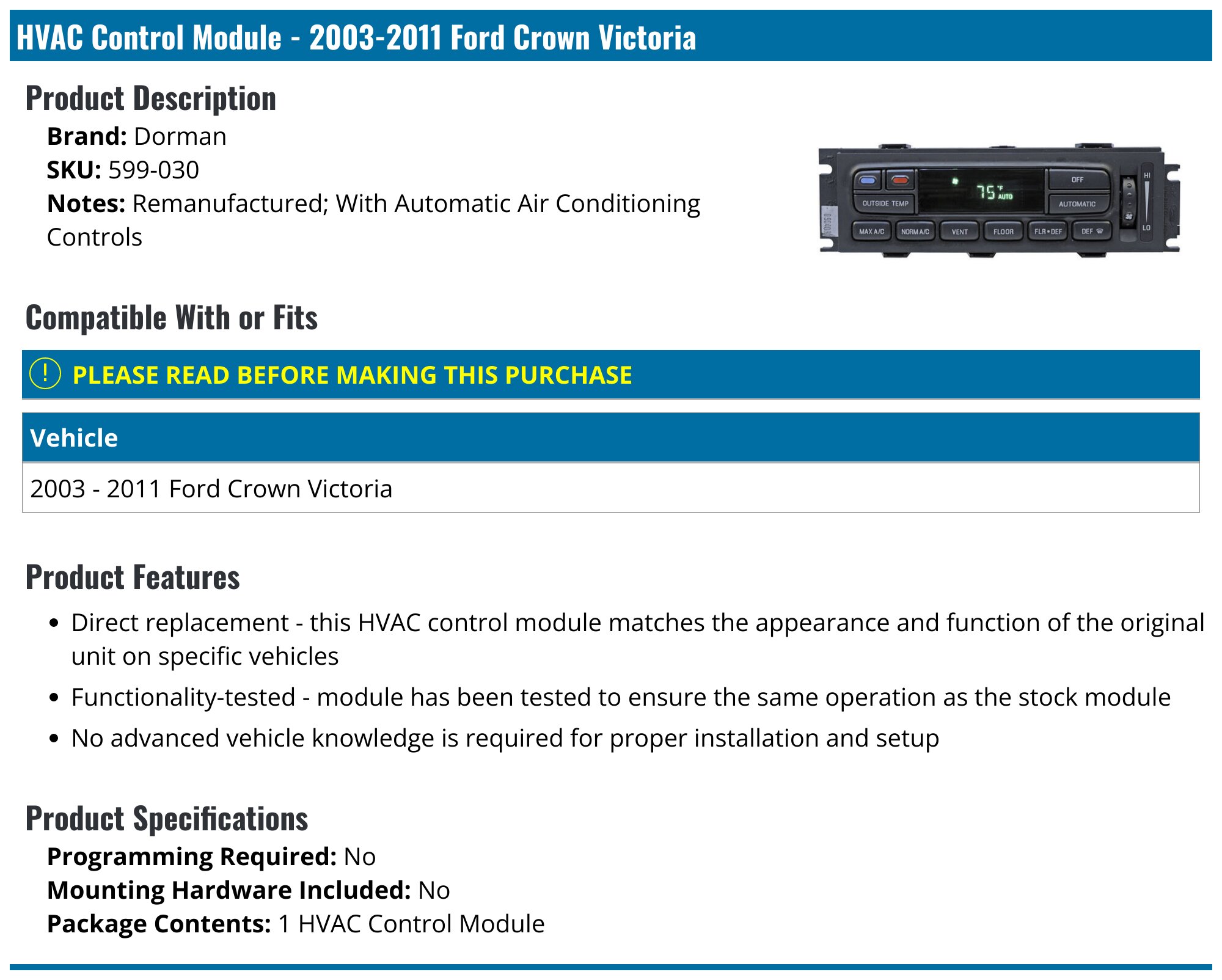 2003-2011 Ford Crown Victoria HVAC Temperature Control Panel - Dorman ...