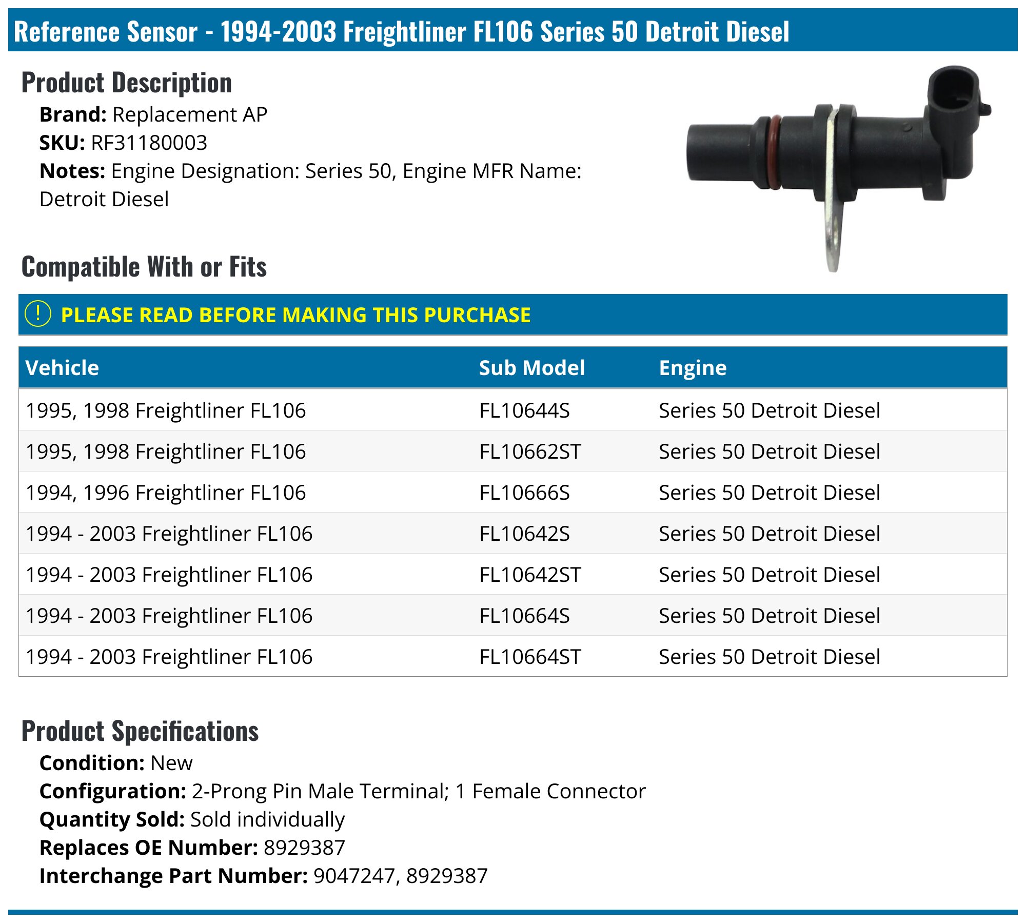 1994-2003 Freightliner FL106 Crank Position Sensor - Replacement AP ...
