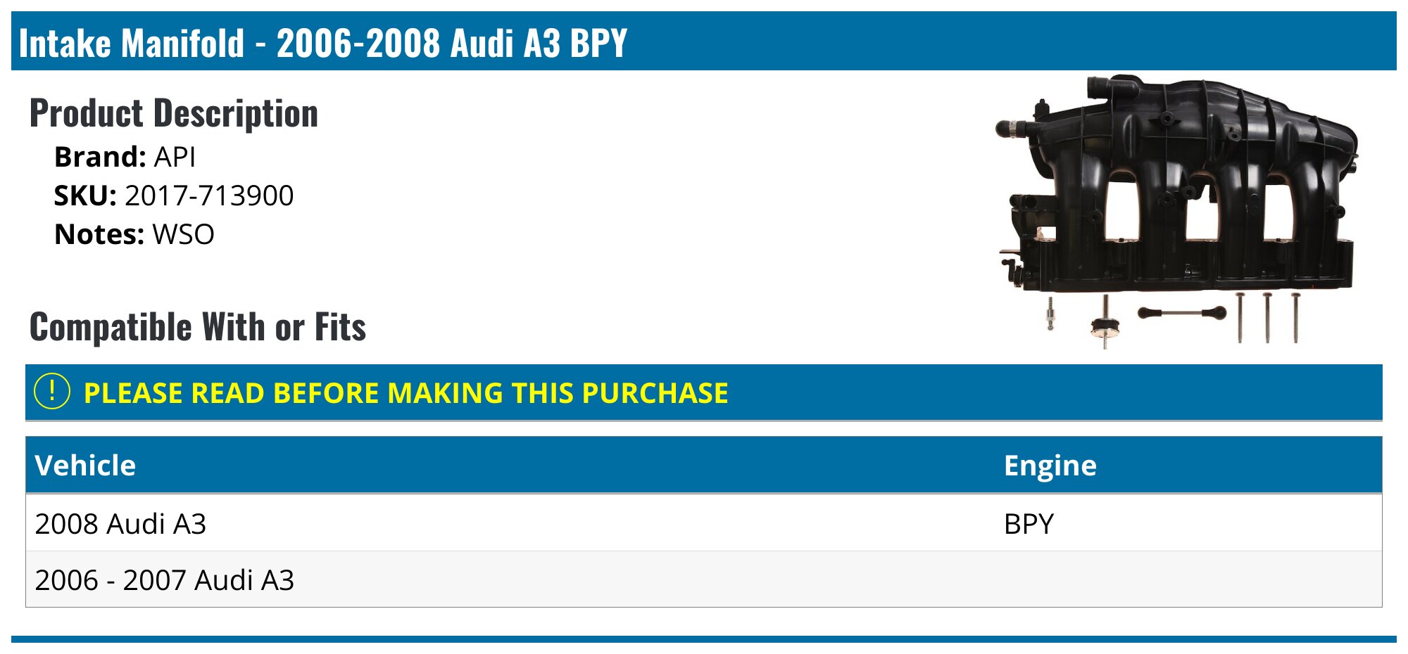 2006-2008 Audi A3 Intake Manifold - API 18607-02762984 - PartsGeek.com