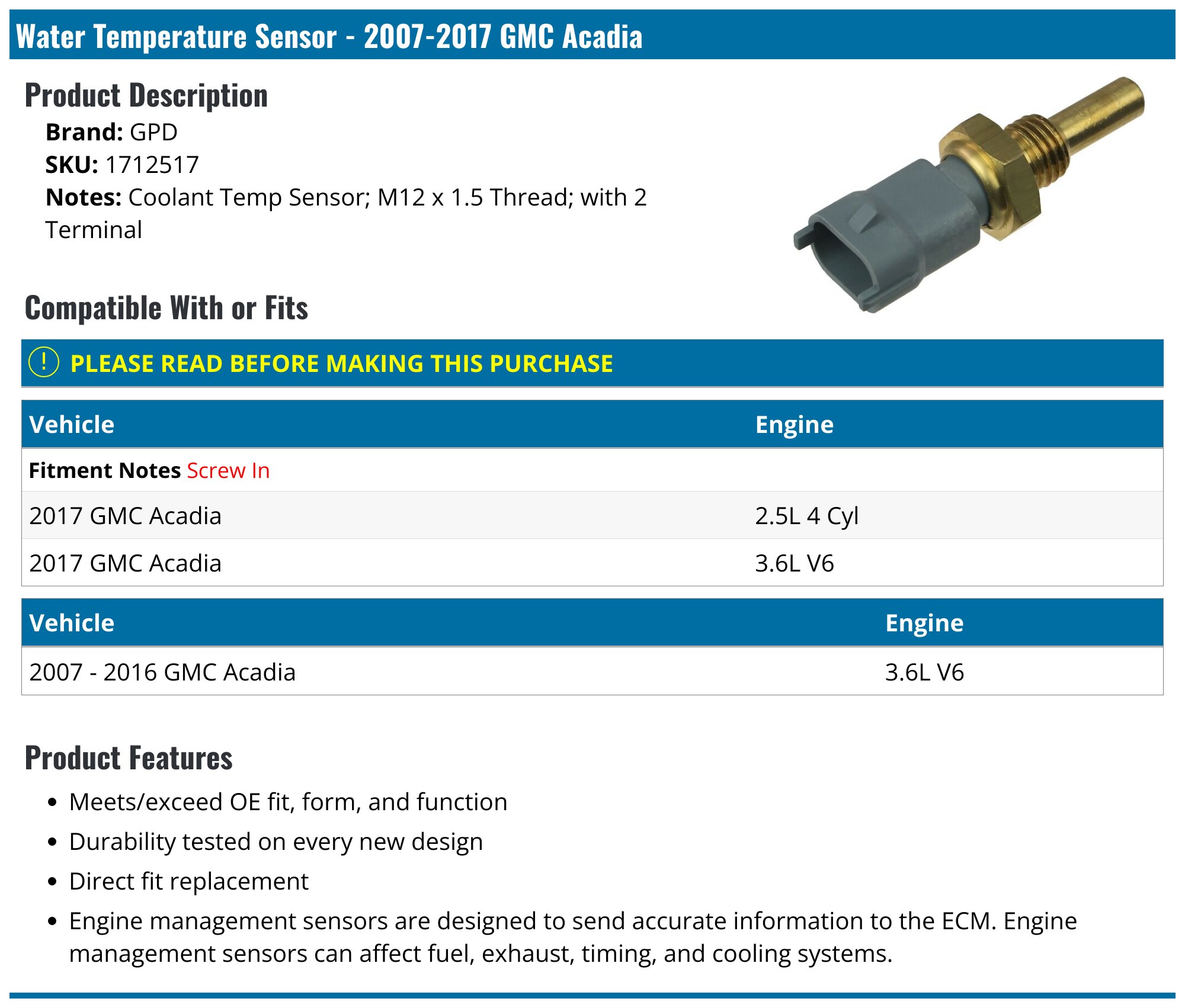 2007 2017 Gmc Acadia Water Temperature Sensor Gpd 1712517 Partsgeek