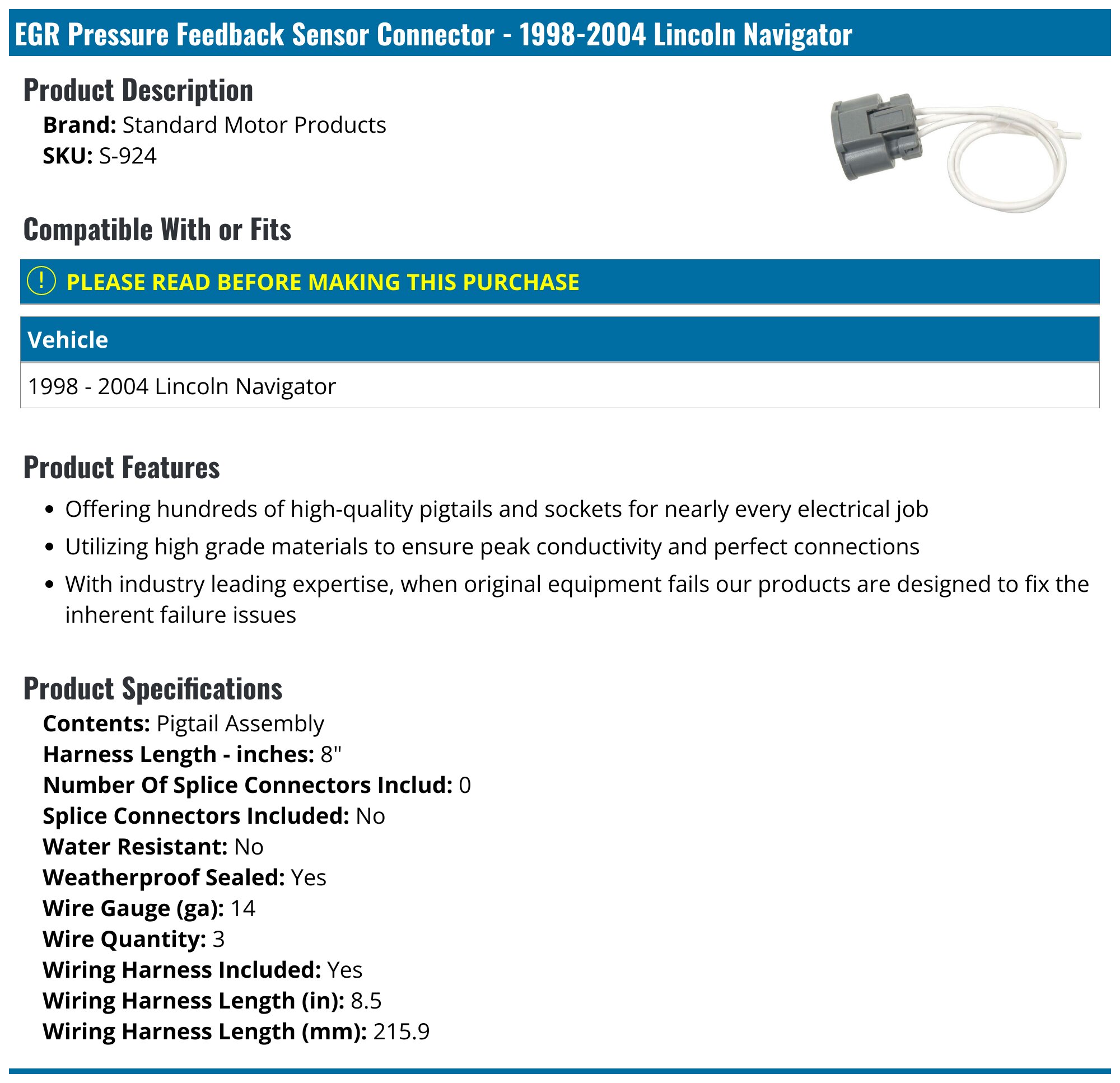 1998-2004 Lincoln Navigator EGR Pressure Feedback Sensor Connector ...