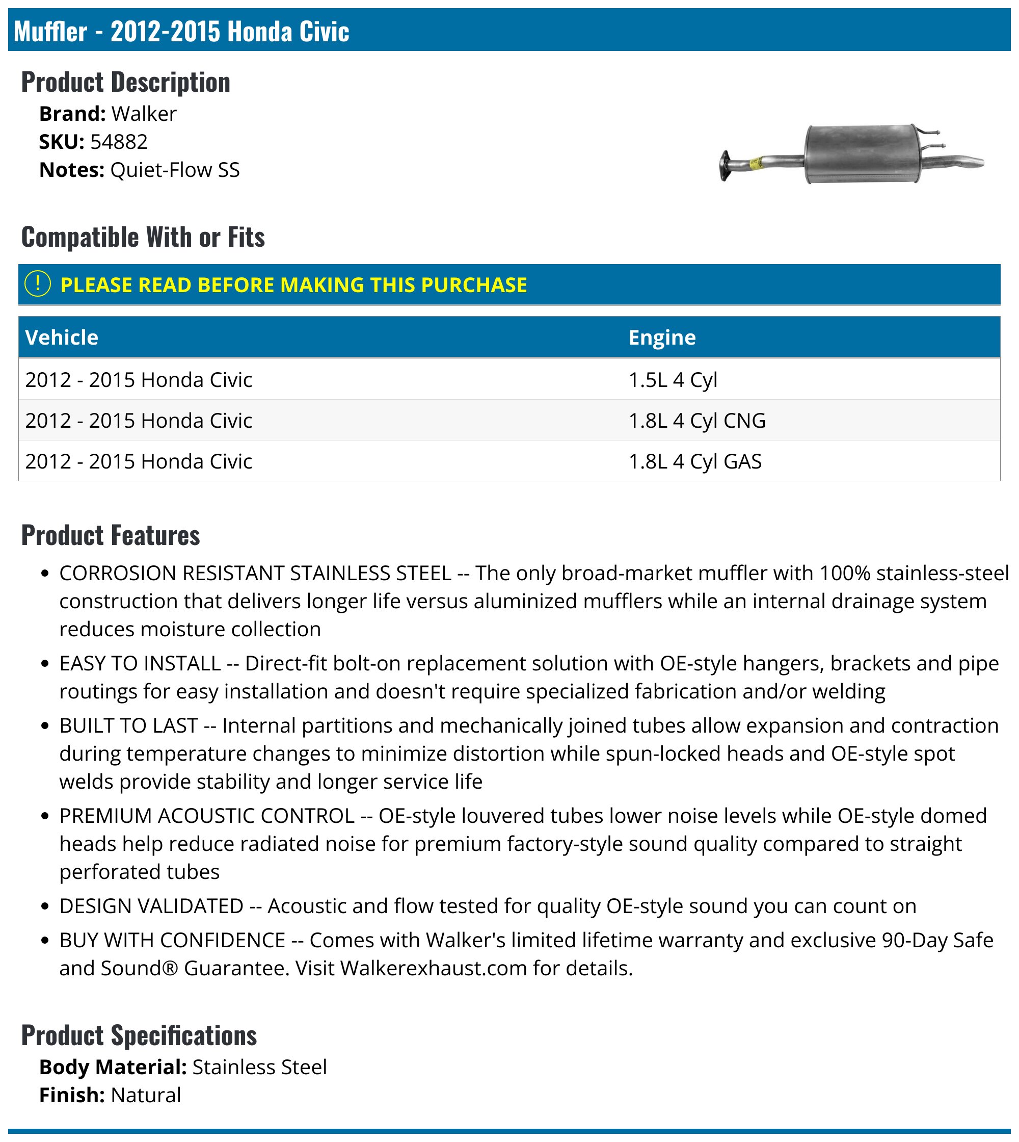 2012-2015 Honda Civic Muffler - Walker 54882 - PartsGeek.com