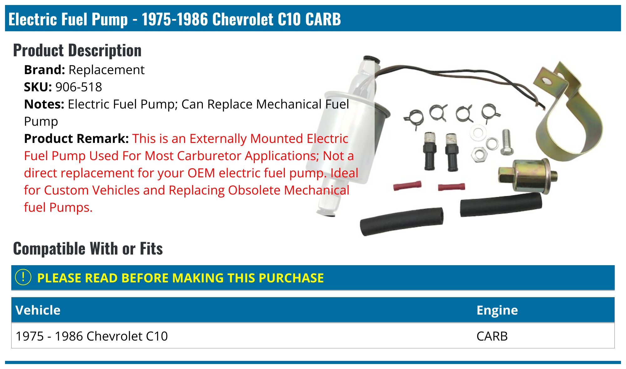 1975-1986 Chevrolet C10 Fuel Pump - Replacement 906-518 - - PartsGeek.com