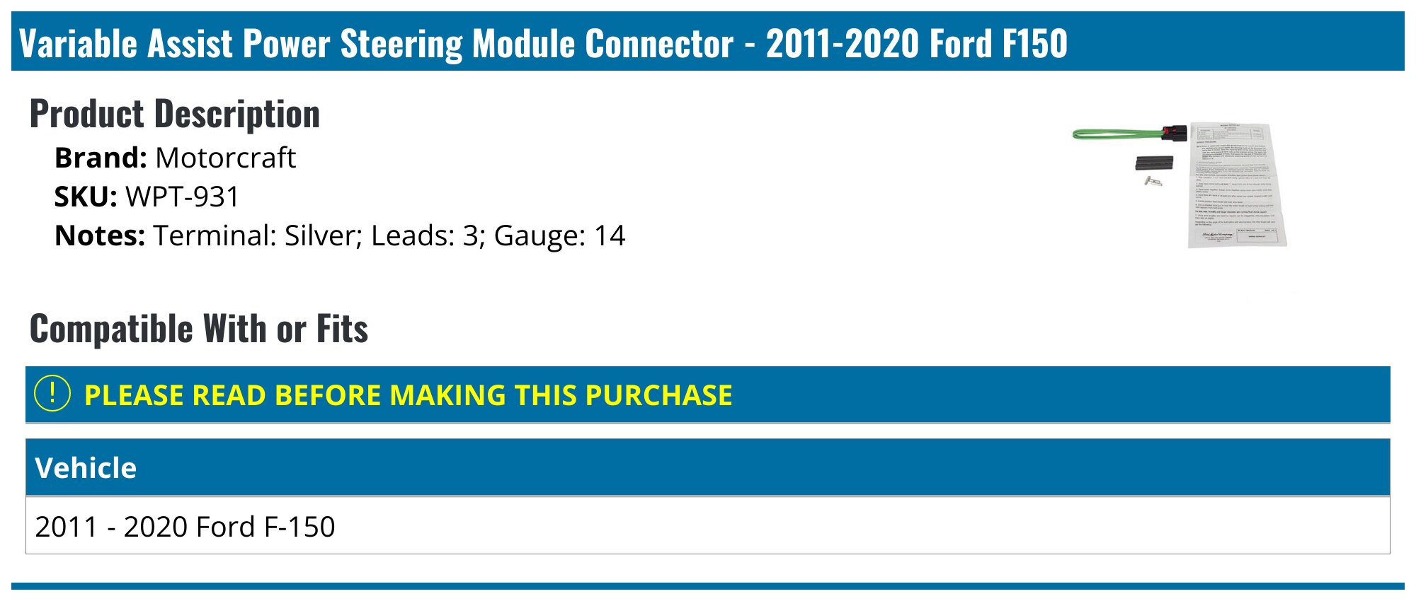 2011-2020 Ford F150 Variable Assist Power Steering Module Connector ...